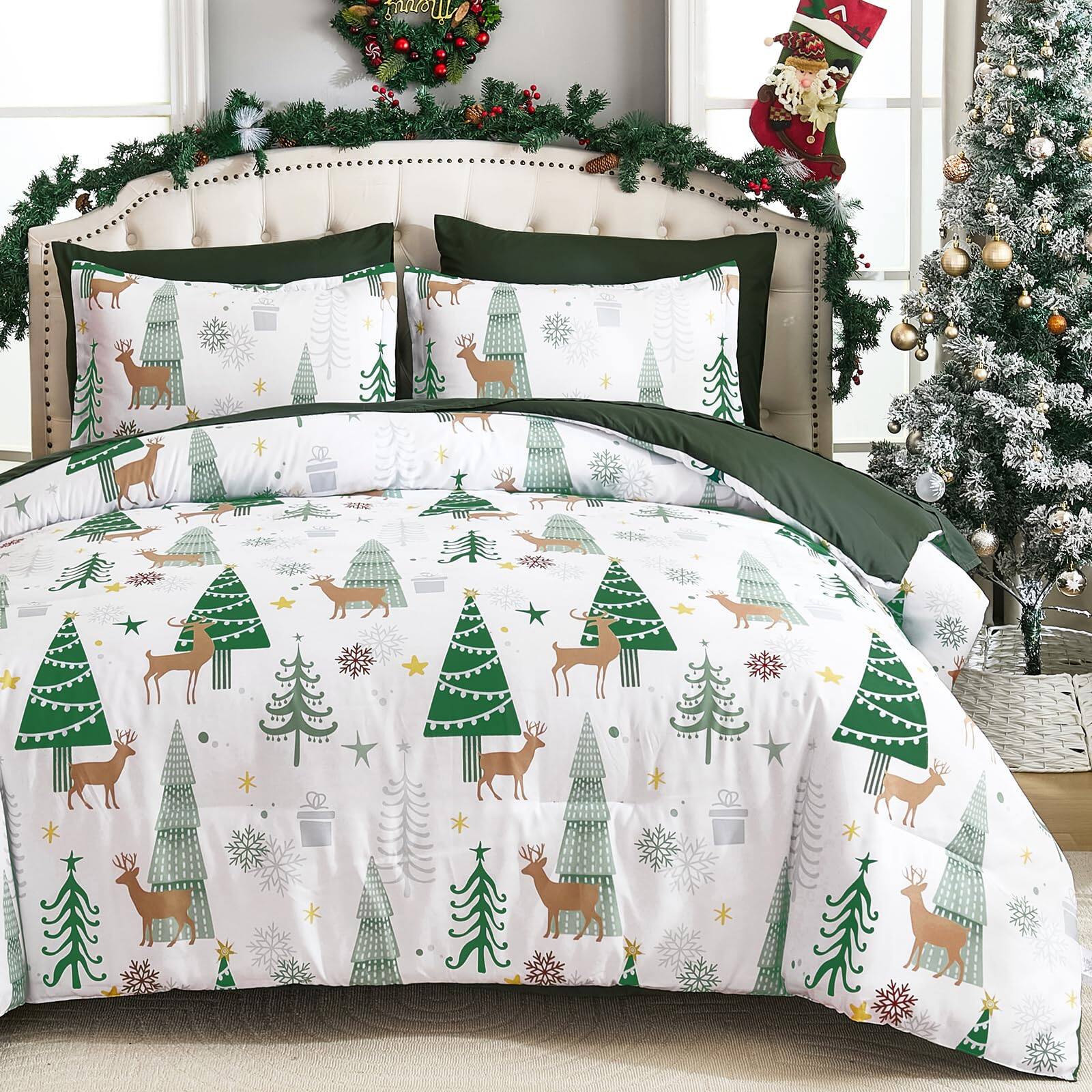 Dapper Styles Christmas Queen Comforter Set Plaid Bed In A Bag Santa Claus Reindeer Snowflake ...