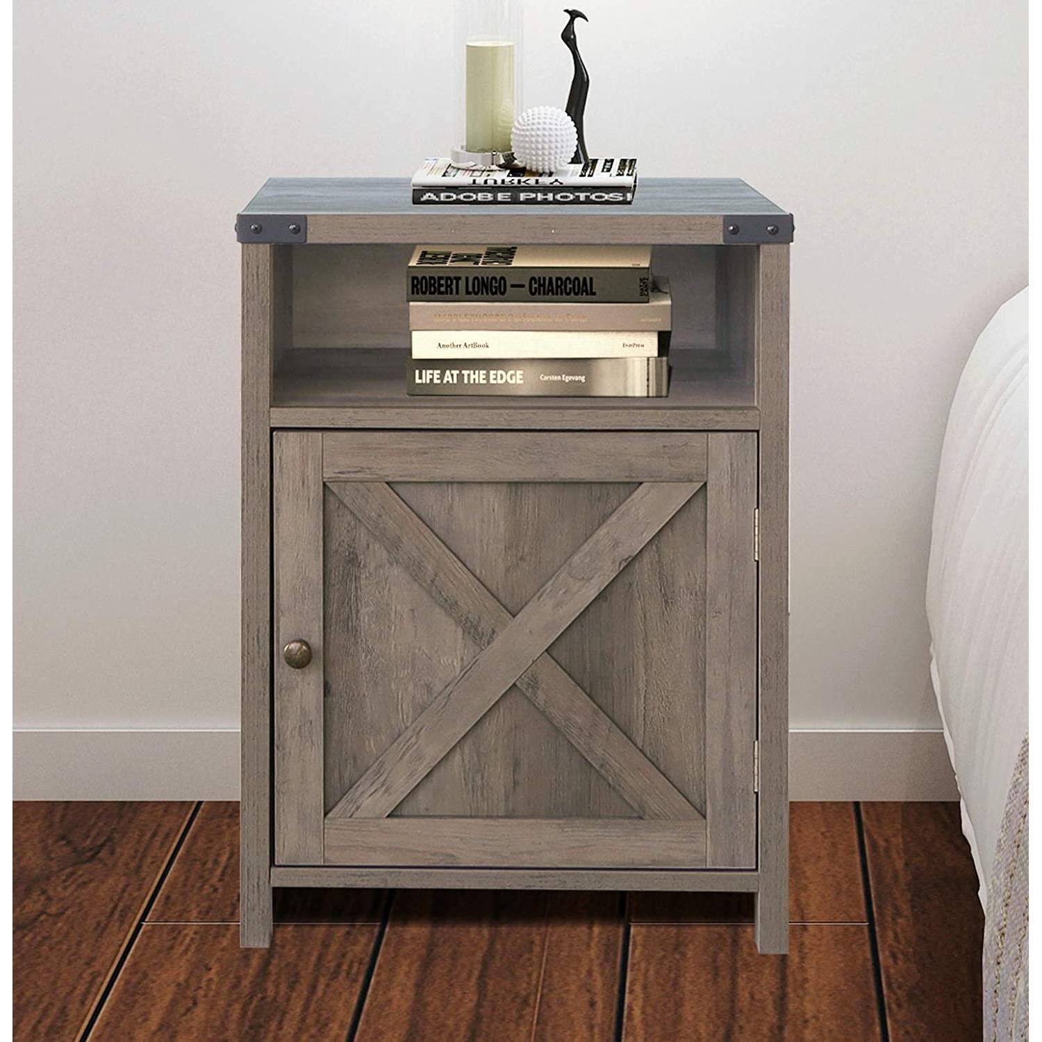 Hivvago Farmhouse Style End Table Barn Door Nightstand with Open Shelf ...