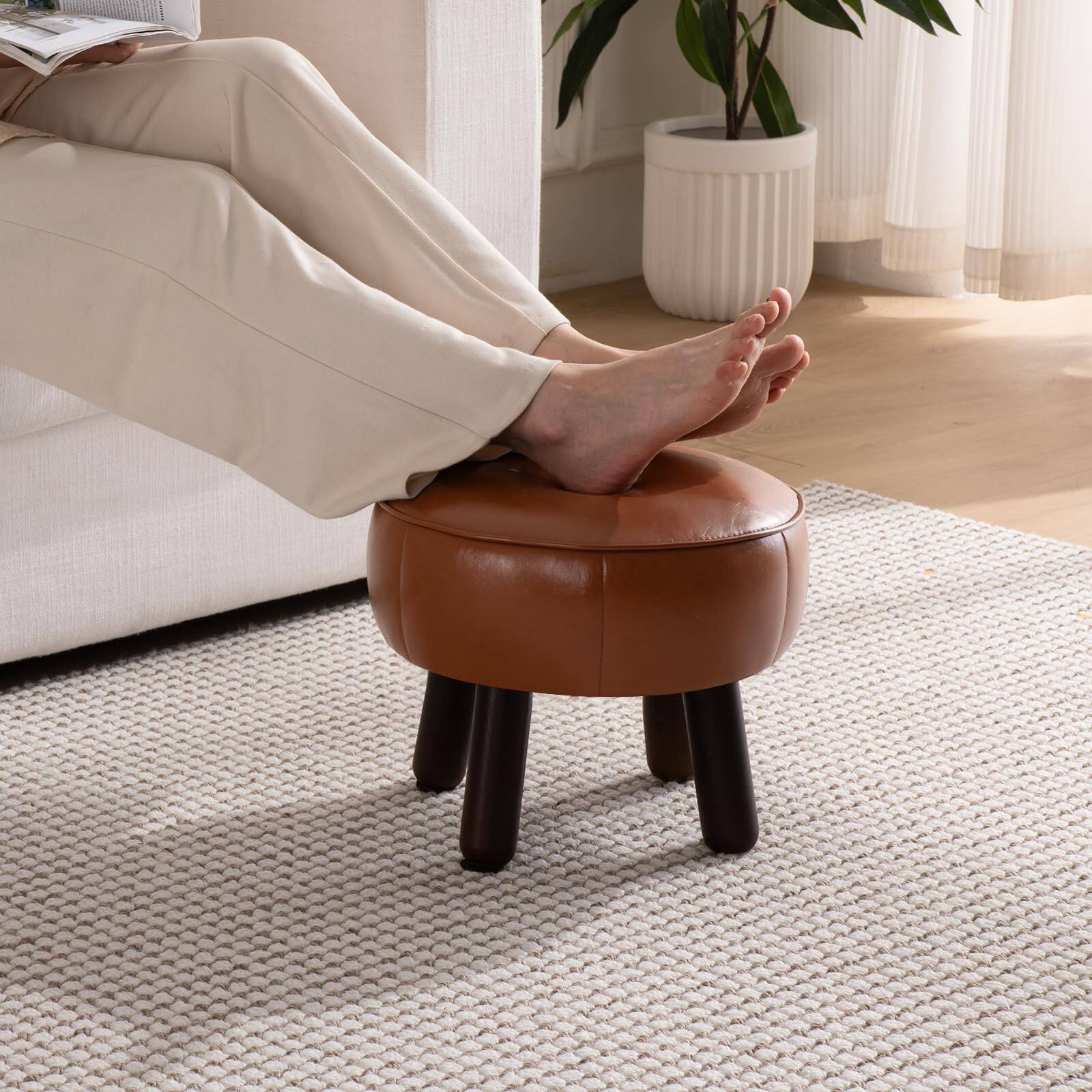 JETRANSPORT Small Foot Stool Round Faux Leather Pouf Ottoman Rest ...