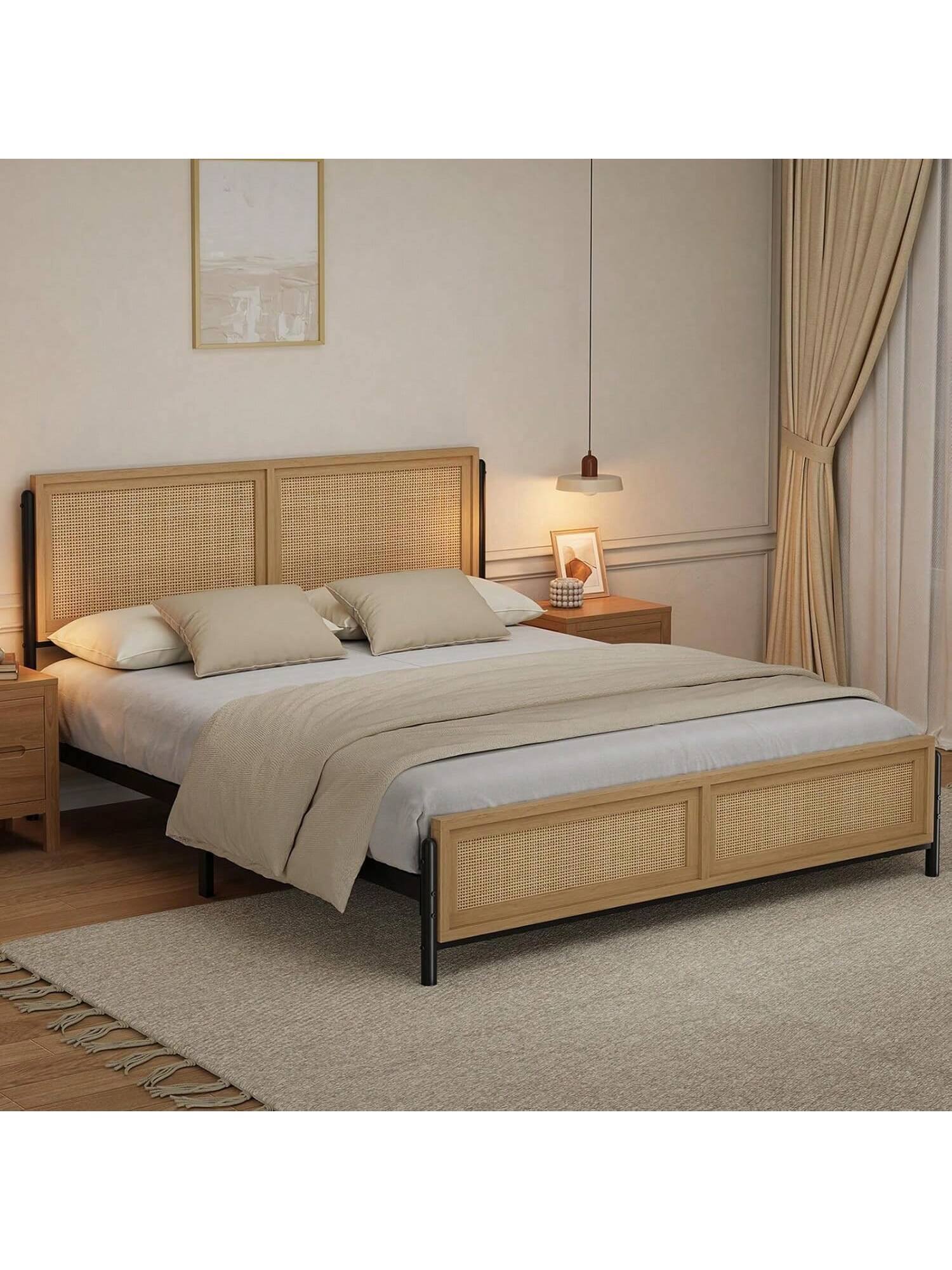 Jojoka Rattan Bed Frame Full with Natural Headboard, Boho Platform ...