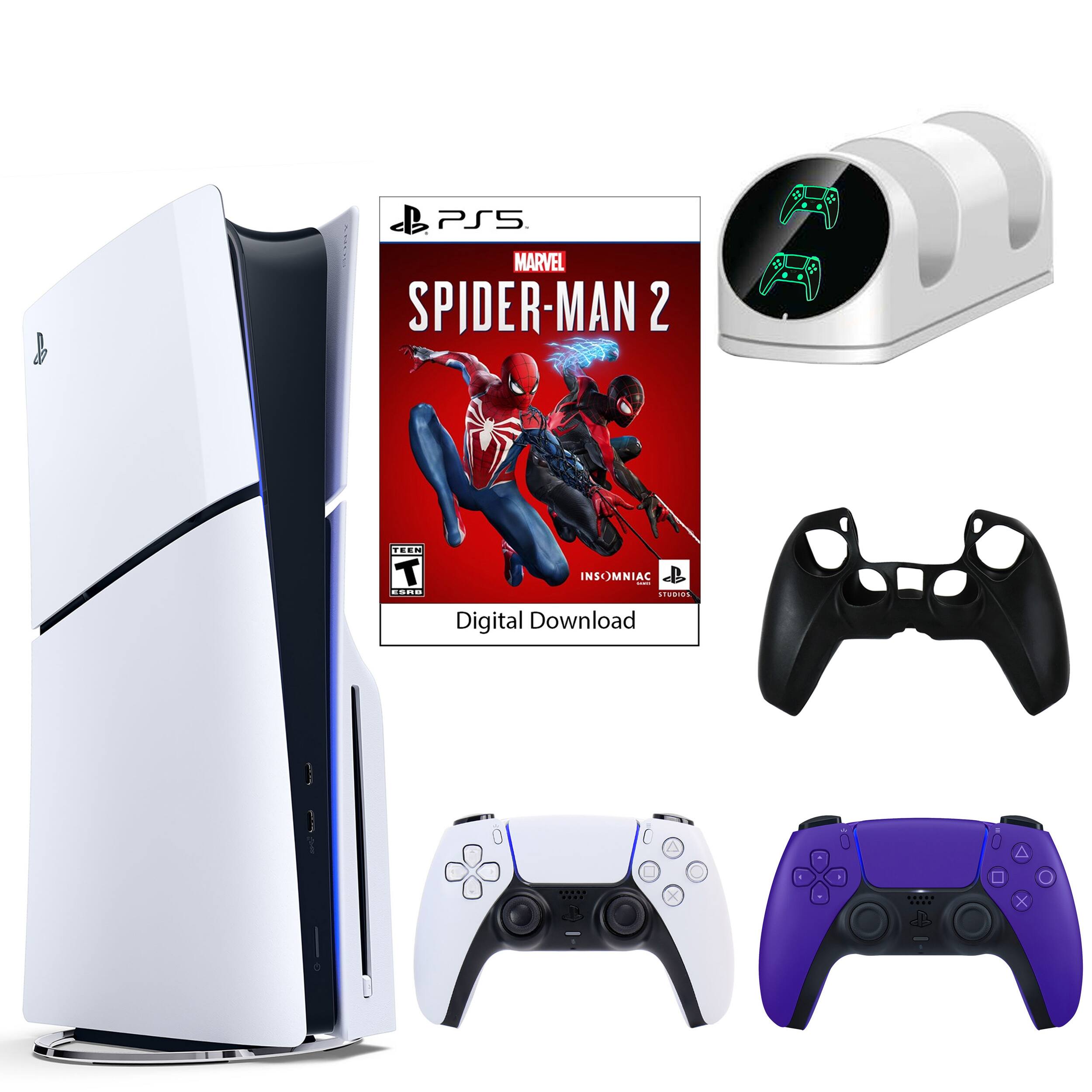 PS5 SpiderMan 2 Console with Purple Dualsense Controller, Dual Charging ...