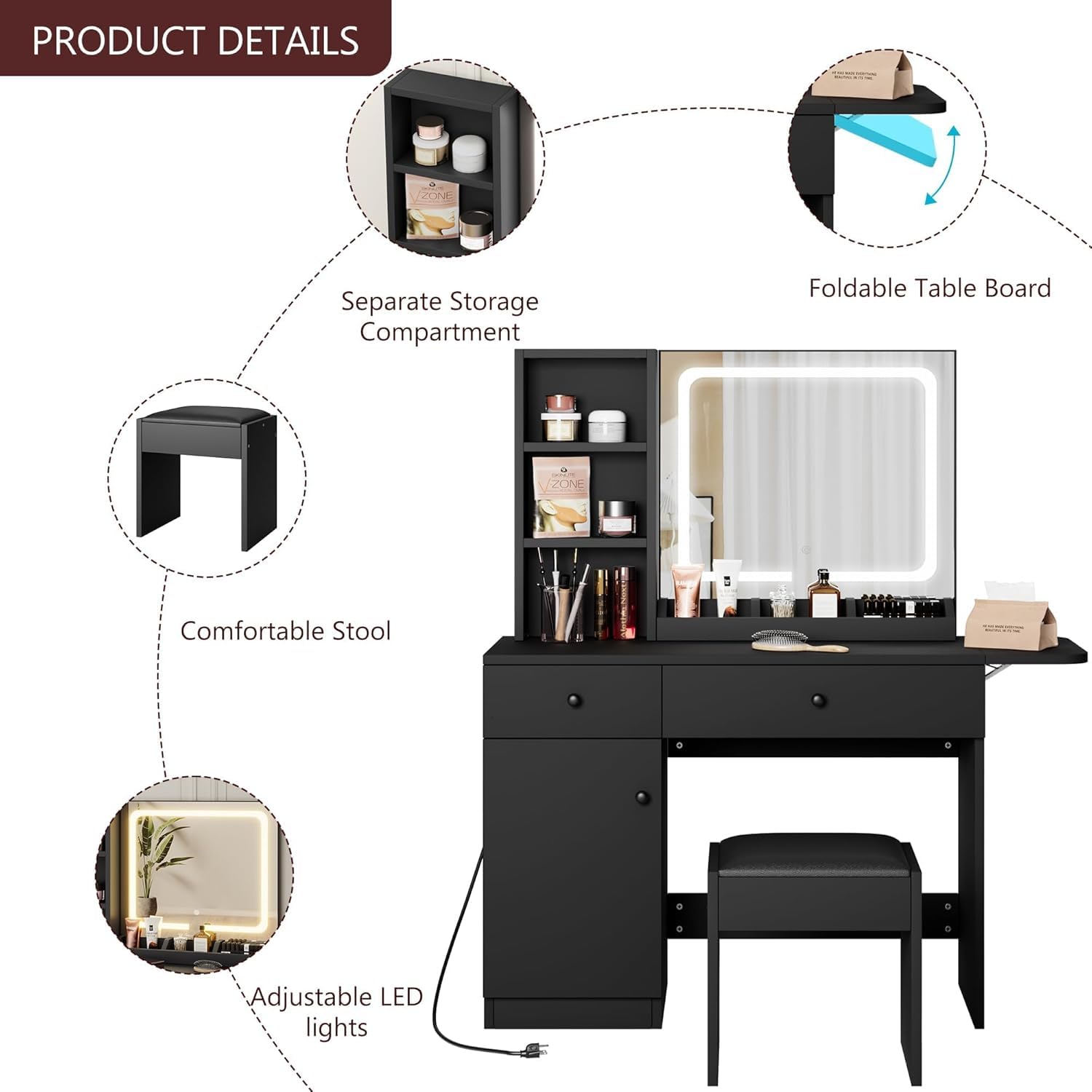 Jojoka Vanity Desk with Lighted Mirror & Power Outlet, Makeup Table ...