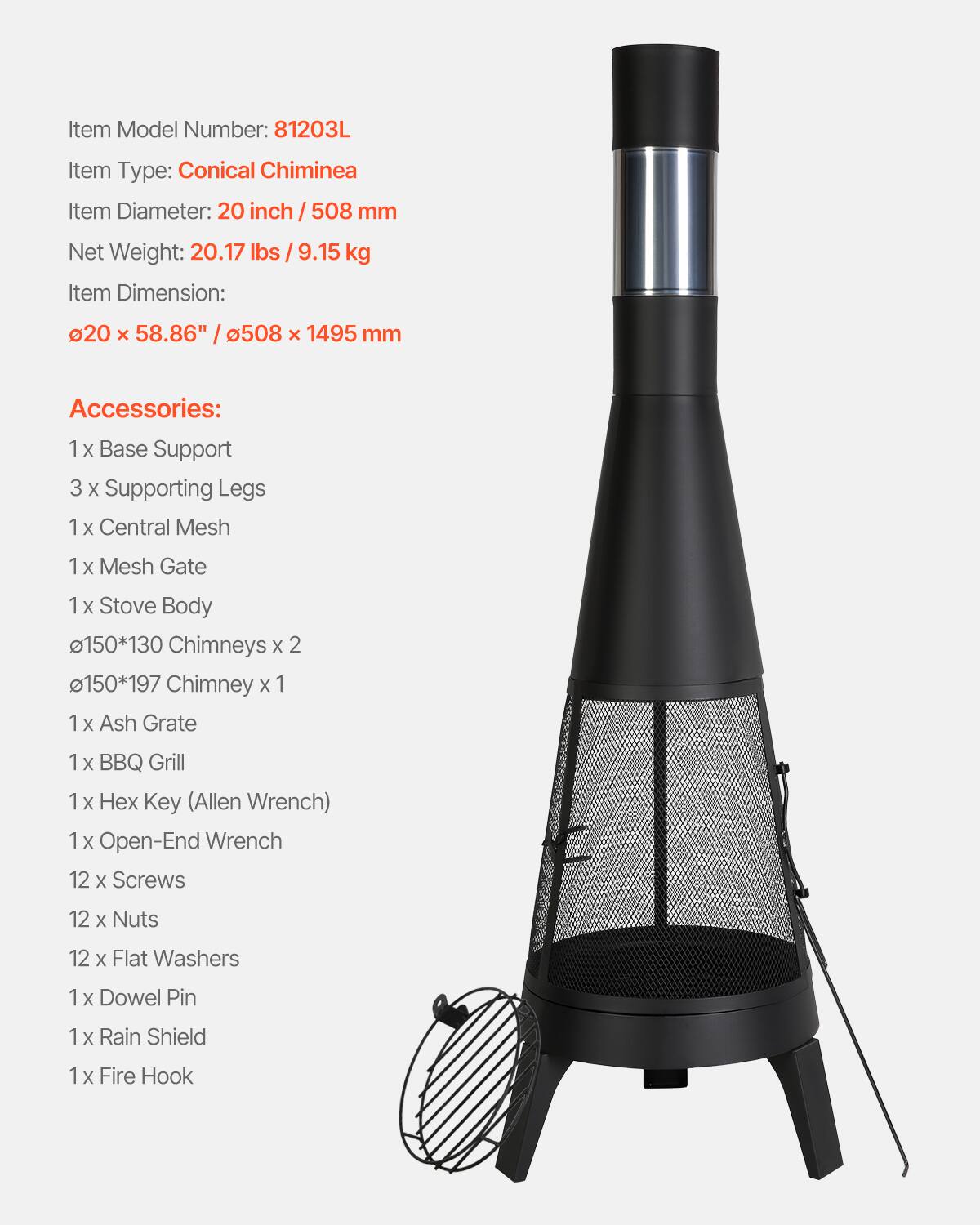 VEVOR Chiminea, 20 Inch Outdoor Wood Burning Firepit, Conical Fireplace ...
