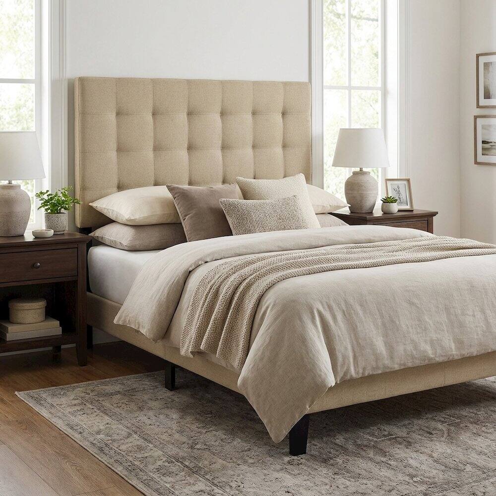 FurniFact Upholstered Fabric King Headboard in Neutral Tone with ...