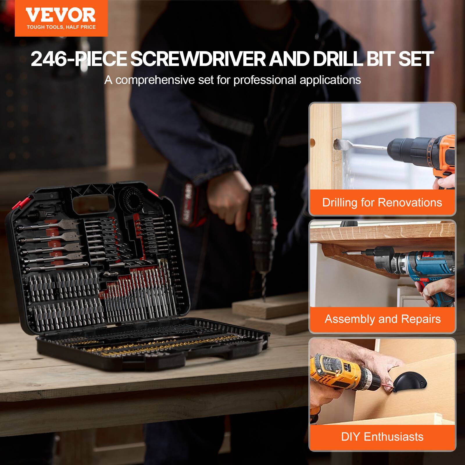 VEVOR Drill Bit Set, 246 Pieces Drill and Driver Bit Set, Screwdriver ...
