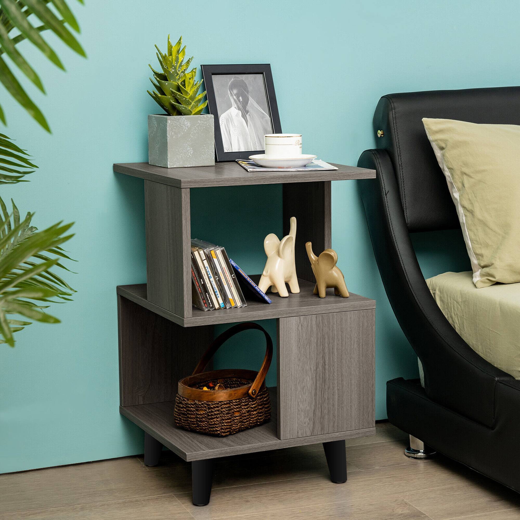 Gymax 2 PCS Nightstand Set Modern Side End Table Storage Shelf Grey ...