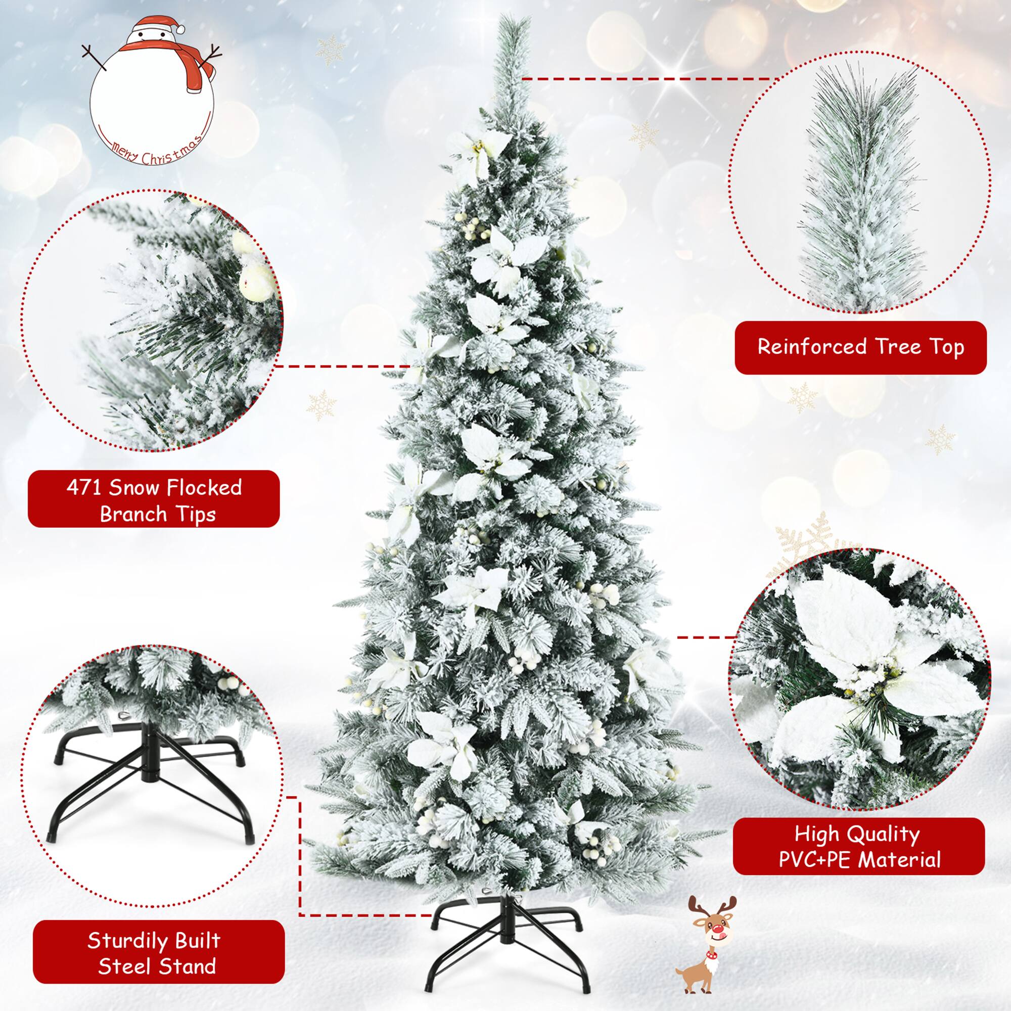 Gymax 6 FT Artificial Snow Flocked Pencil Christmas Tree w/ Berries ...