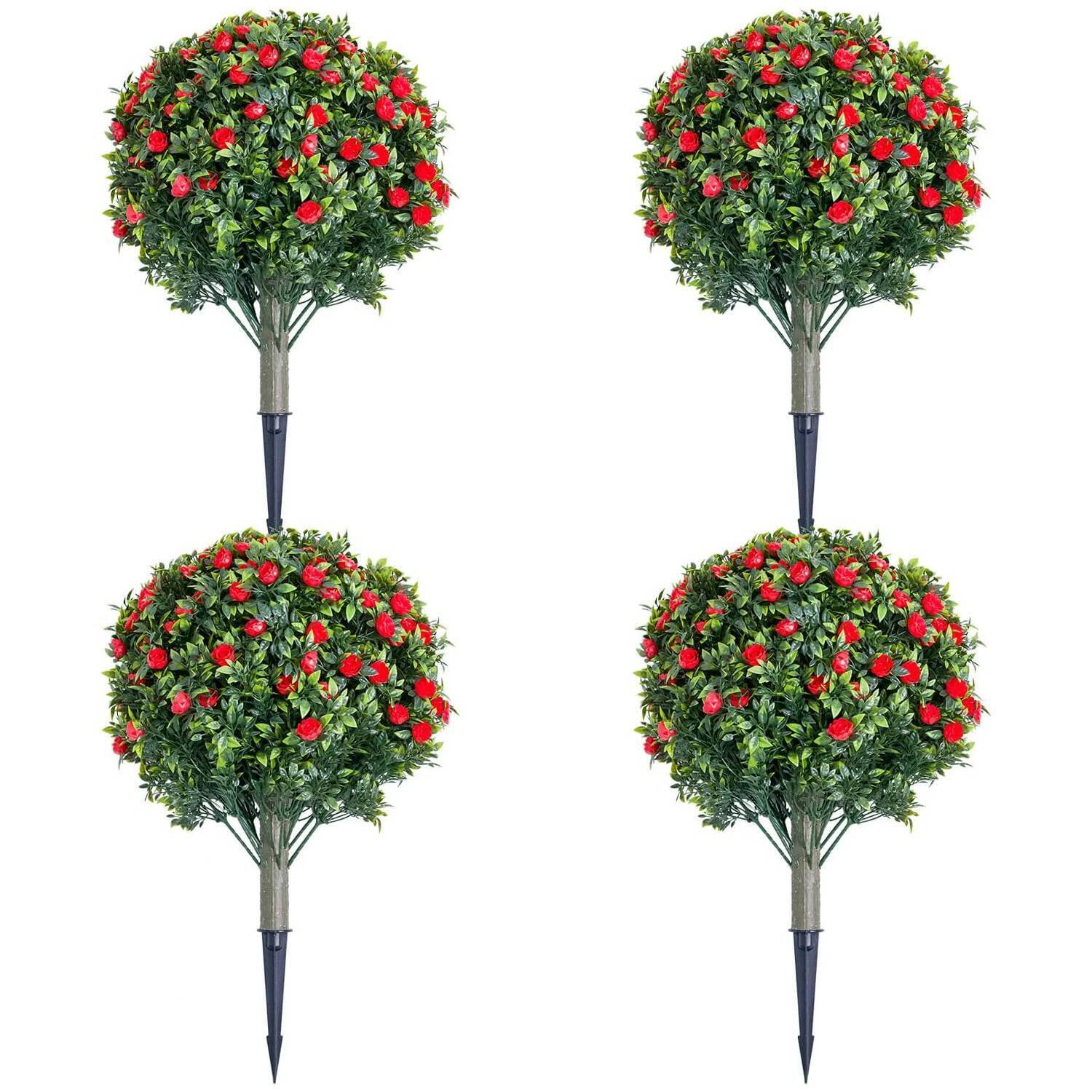 Acekool Red 4 pcs Artificial Topiary Ball Trees with Metal Stakes with ...