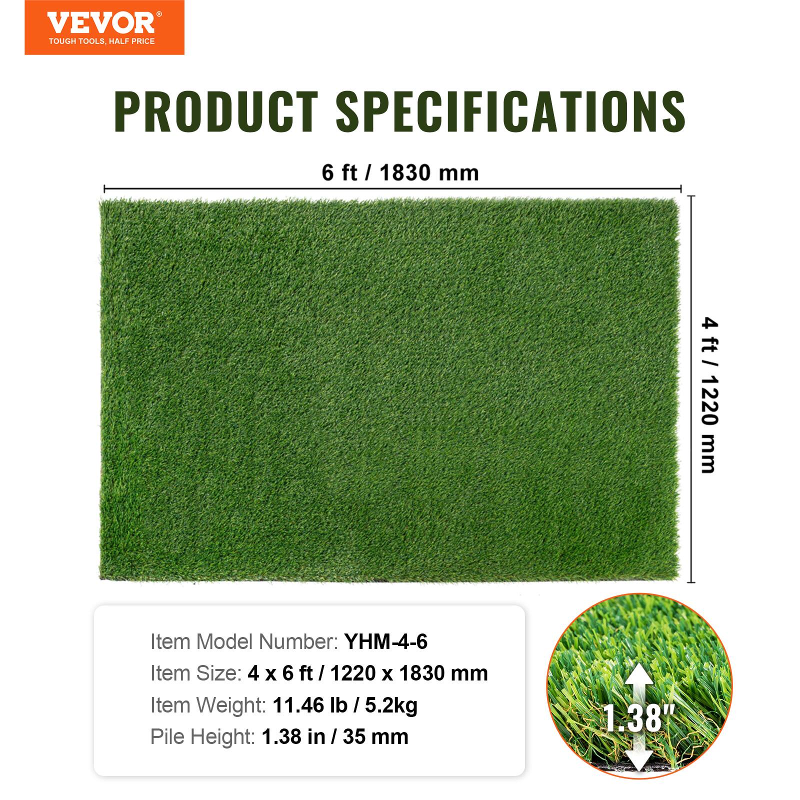 VEVOR Artifical Grass, 4 x 6 ft Rug Green Turf, 1.38"Fake Door Mat ...