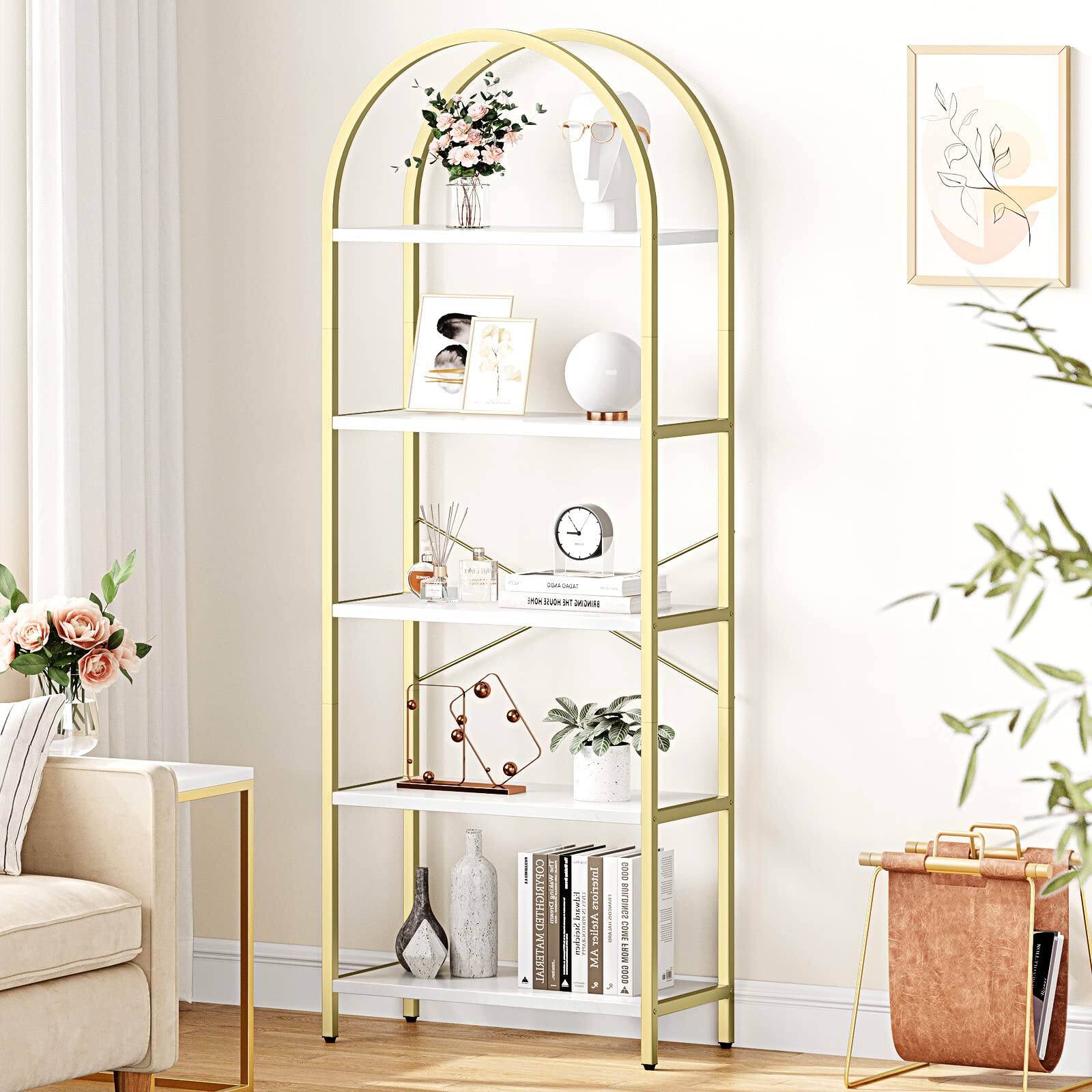 Babevy 5 Tier Tall Bookshelf with Arched Top, Metal Frame & Wood Finish ...