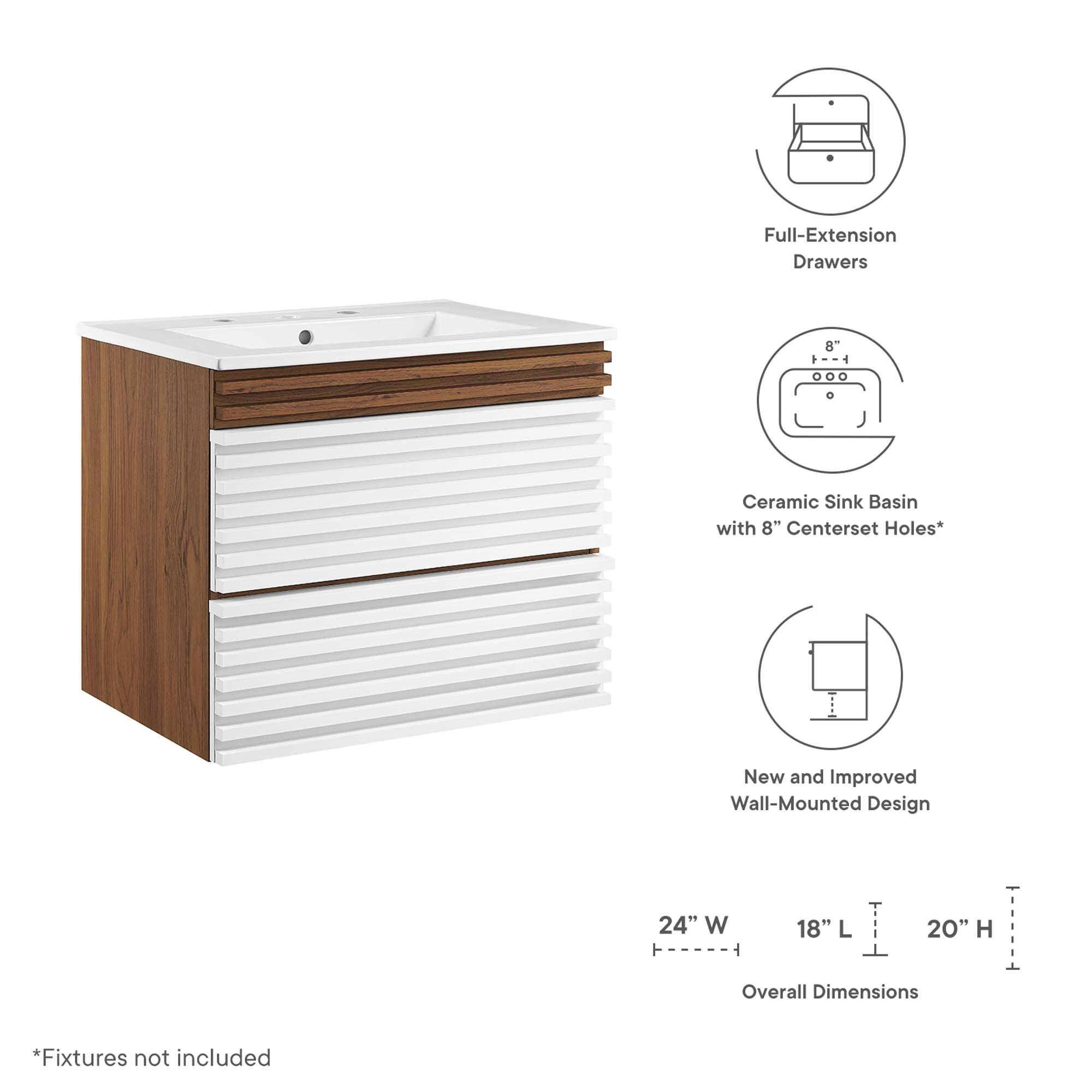 Modway Render Wall Mount Bathroom Vanity with White Basin Included ...