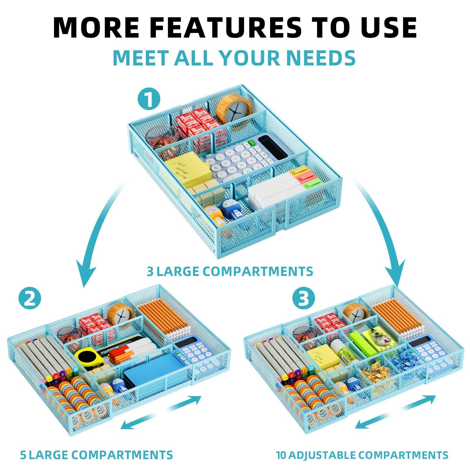 Dapper Styles Expandable Desk Drawer Organizer Mesh Tray With 10 ...