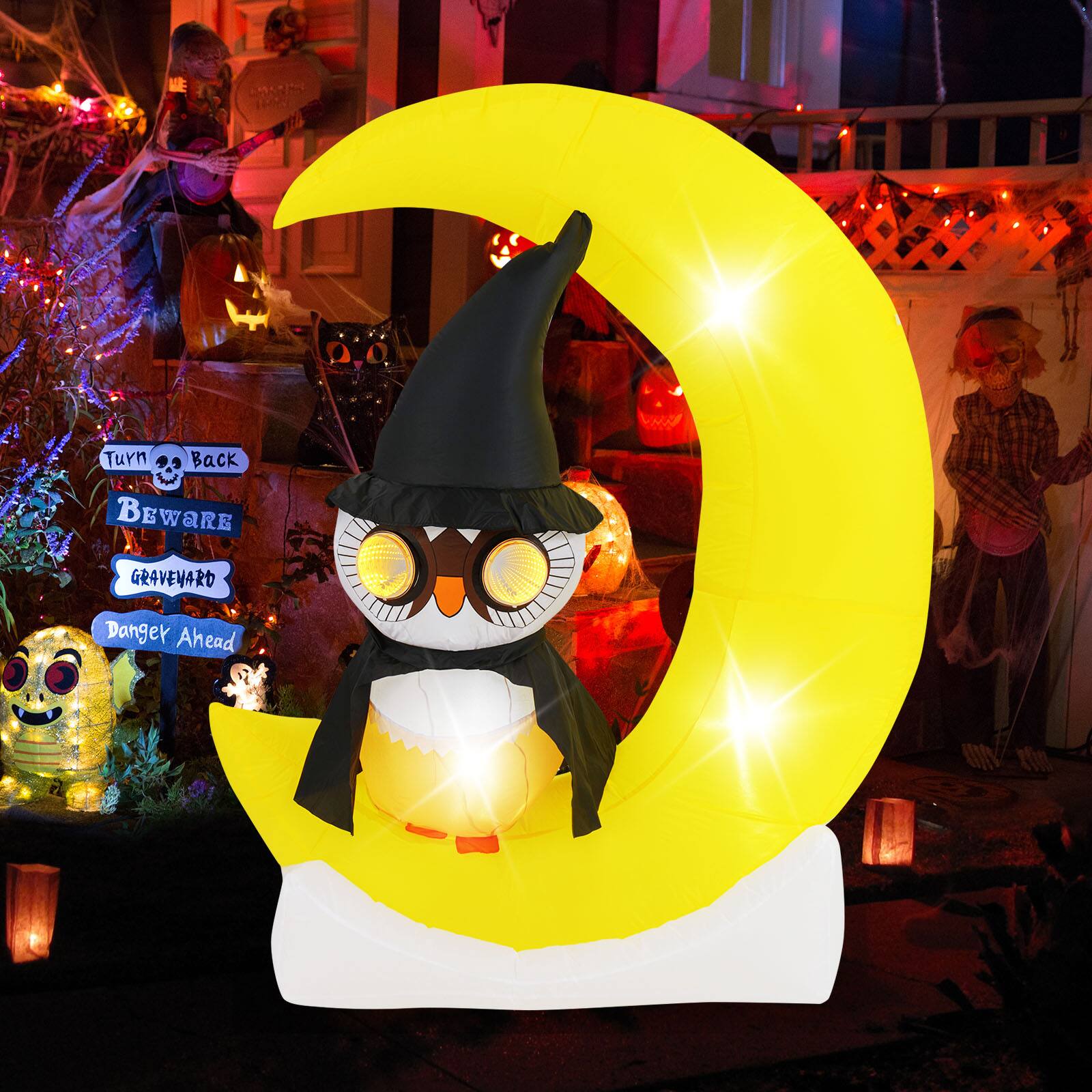 Costway 4.3 x 5.1 ft Inflatable Owl on Moon LED Lighted Halloween Decoration w/ Large Moon ...