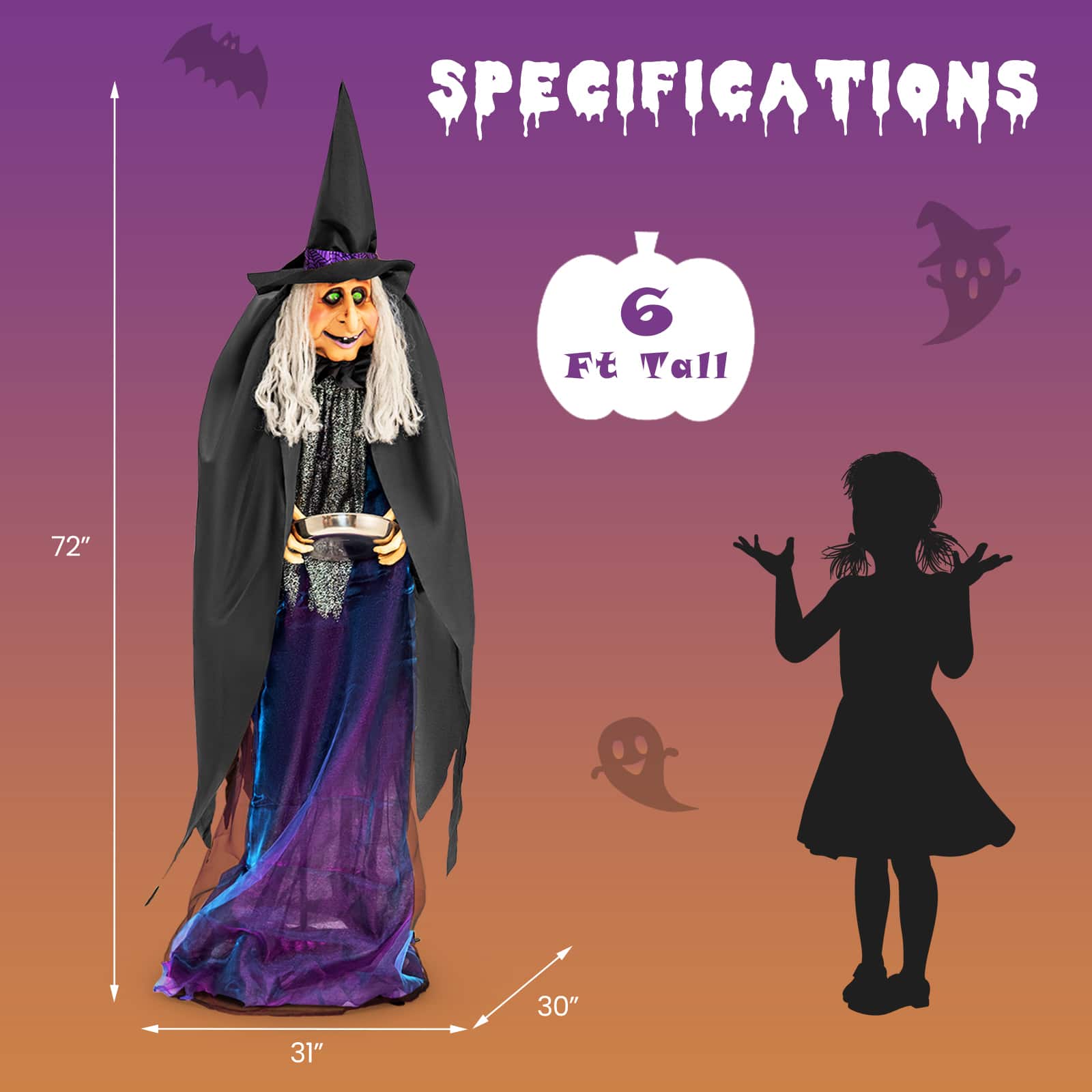 Costway 6Ft Lighted and Animated Halloween Witch Outdoor Indoor ...