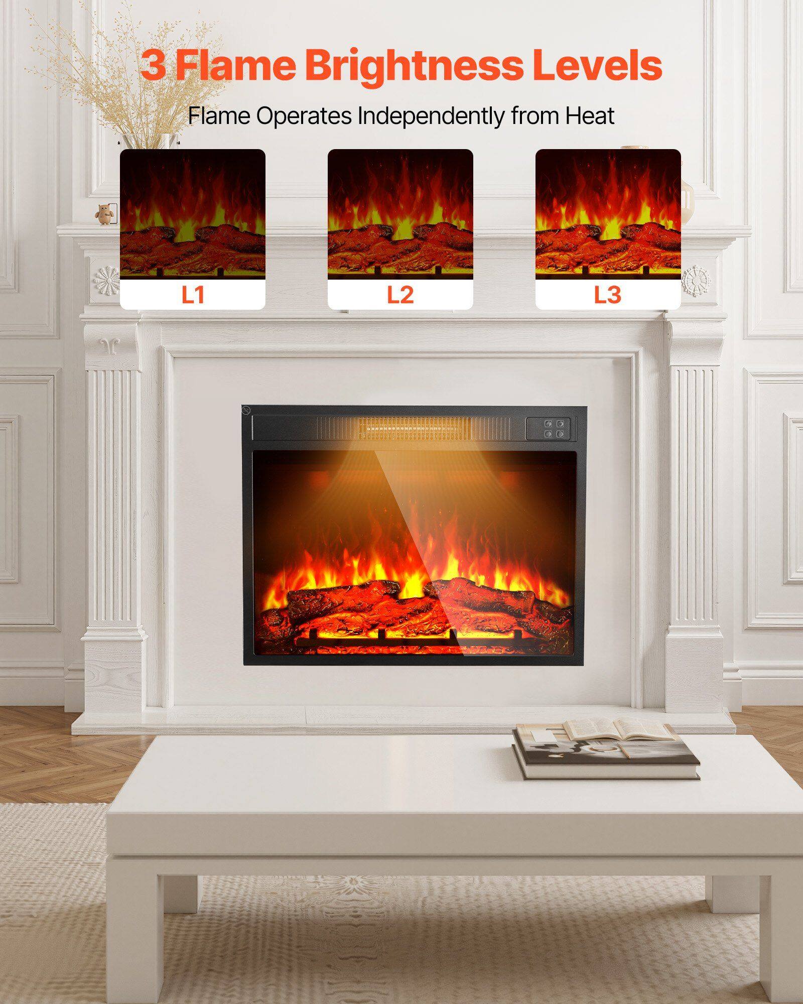 Mirfee 23" Electric Fireplace Insert, Recessed or Wall Mounted, 1500W Heater, 3 Level Flame ...