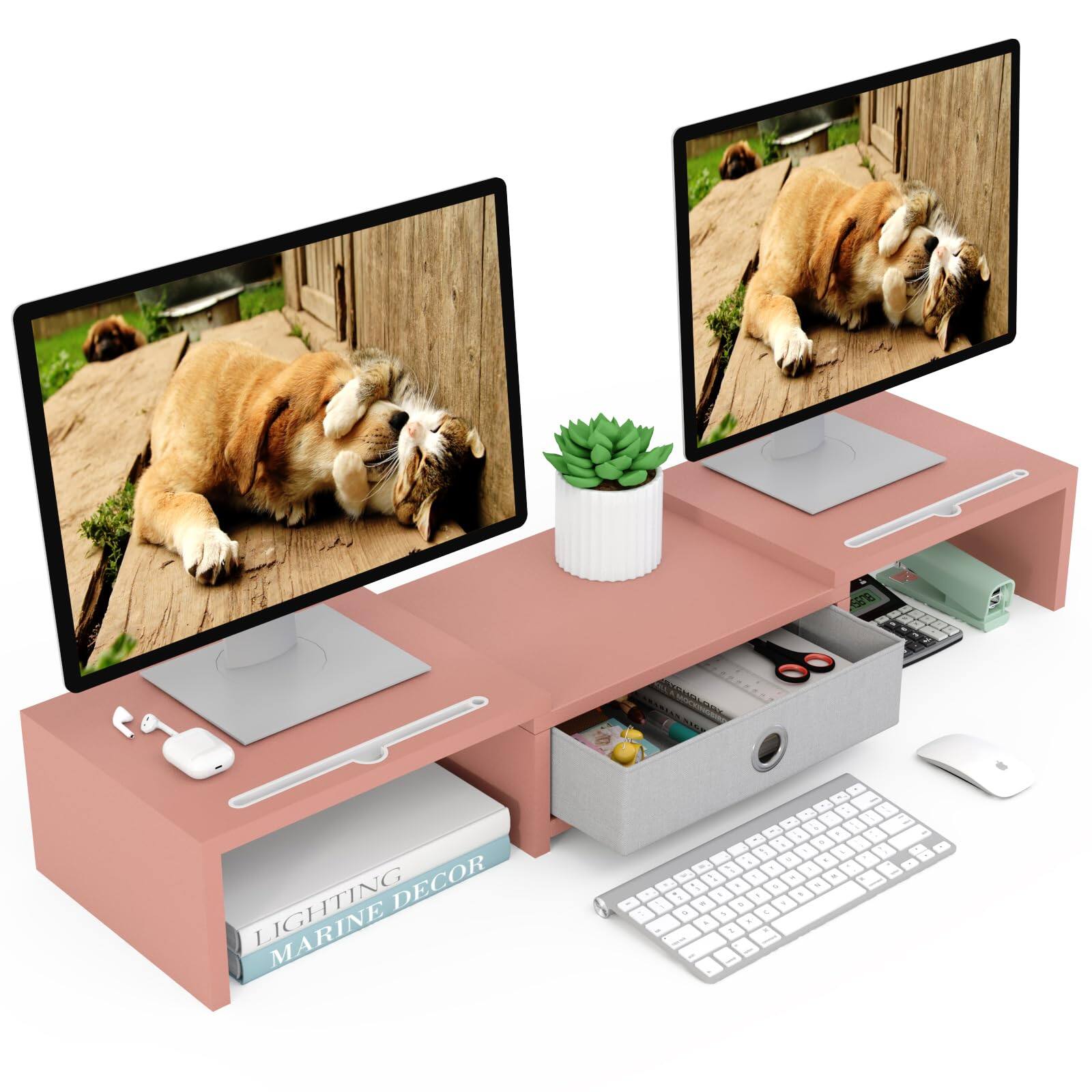 Refined Abode Design Dual 3 Shelf Computer Riser With Drawer Adjustable ...