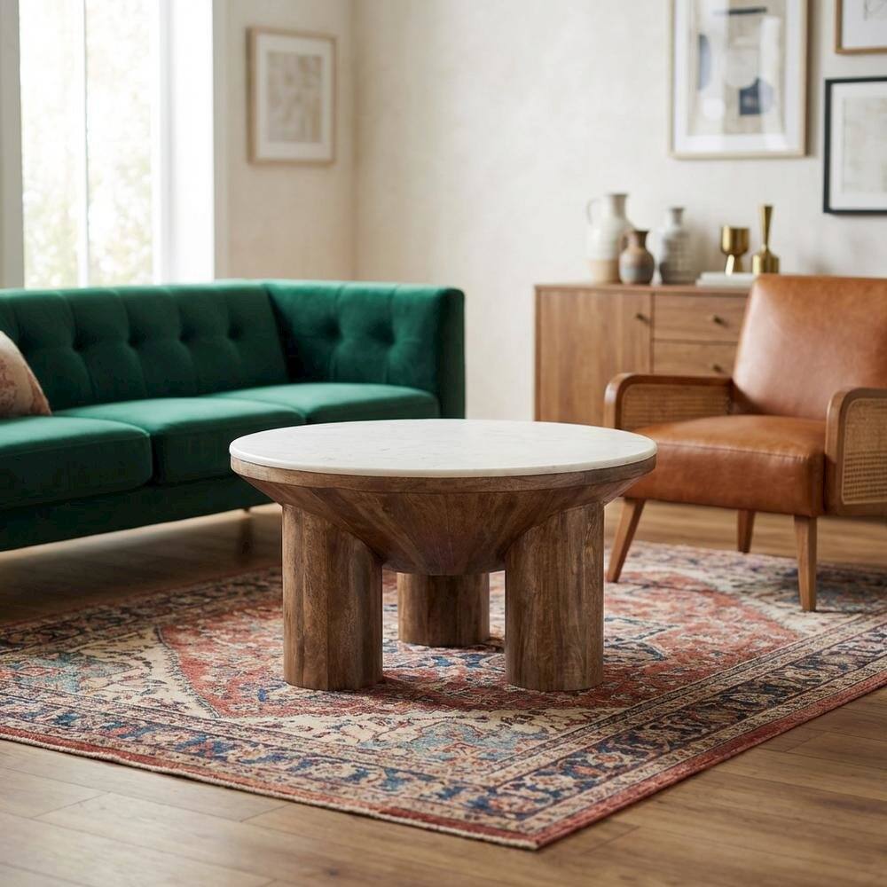 FurniFact Wood Coffee Table with Marble Top, 33 Inch Round, Modern ...