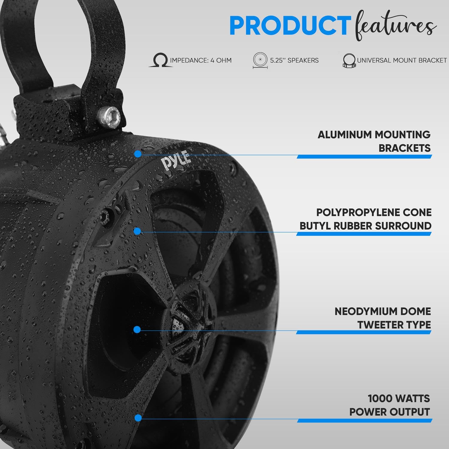 Pyle PLUTV51BK 2 Way Waterproof Off Road Speakers, 5.25” 1000W for ATV/UTV/Jeep, Wakeboard Tower ...