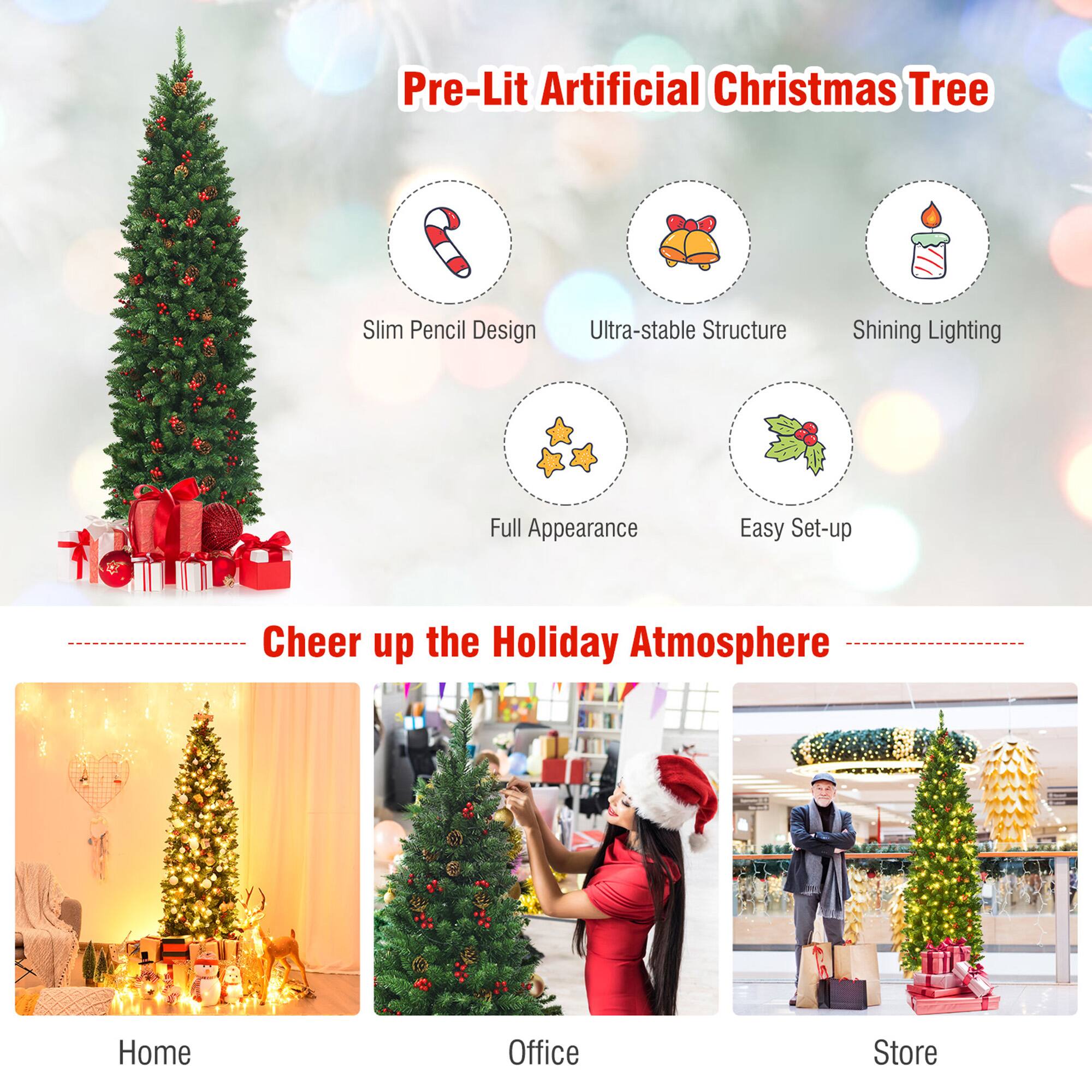 Gymax 6.5Ft Pre Lit Pencil Christmas Tree Hinged Artificial Slim Tree w ...