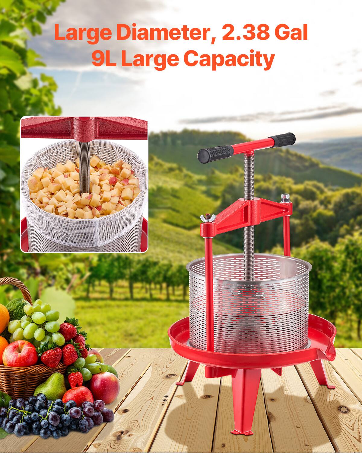VEVOR 2.38 Gal/9L Fruit Wine Press, Stainless Steel Basket with Cross ...