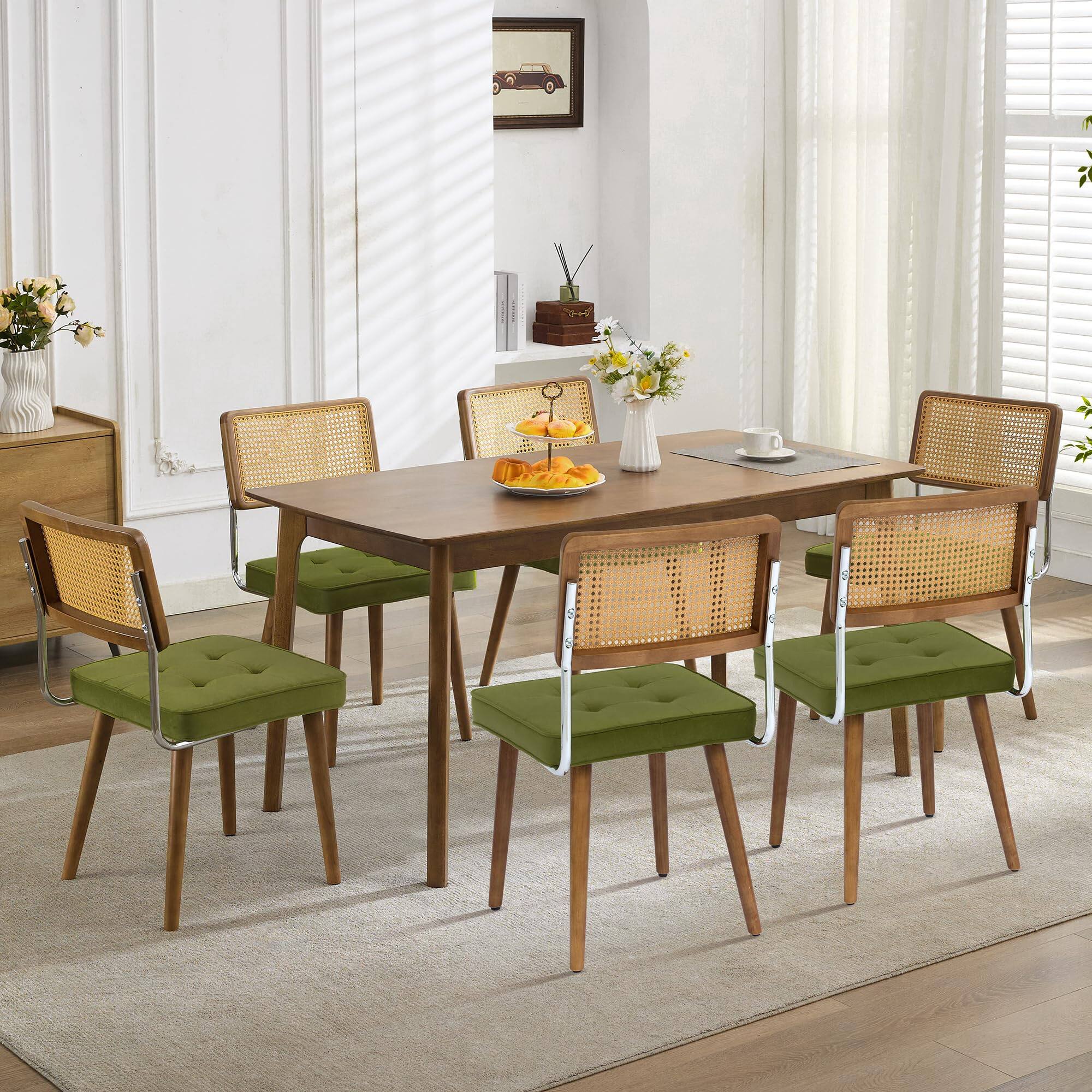 Jojoka Natural Rattan Dining Chairs Set of 6, Upholstered Seat & Solid ...