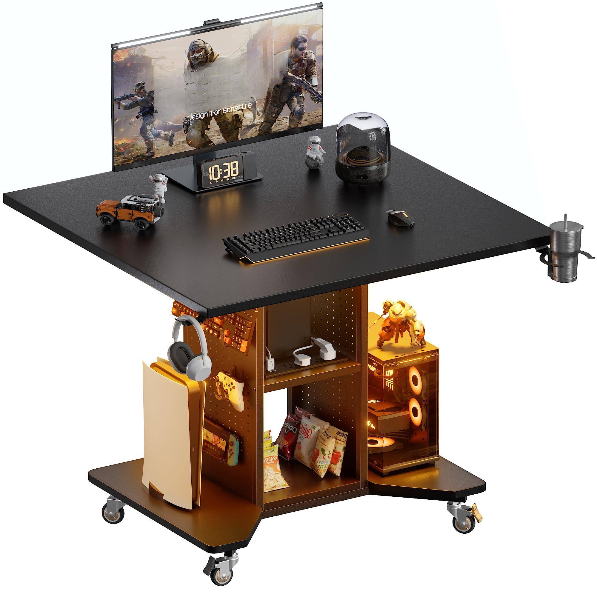Fabibe Small Rolling Gaming Desk With Led Lights Power Outlets And ...