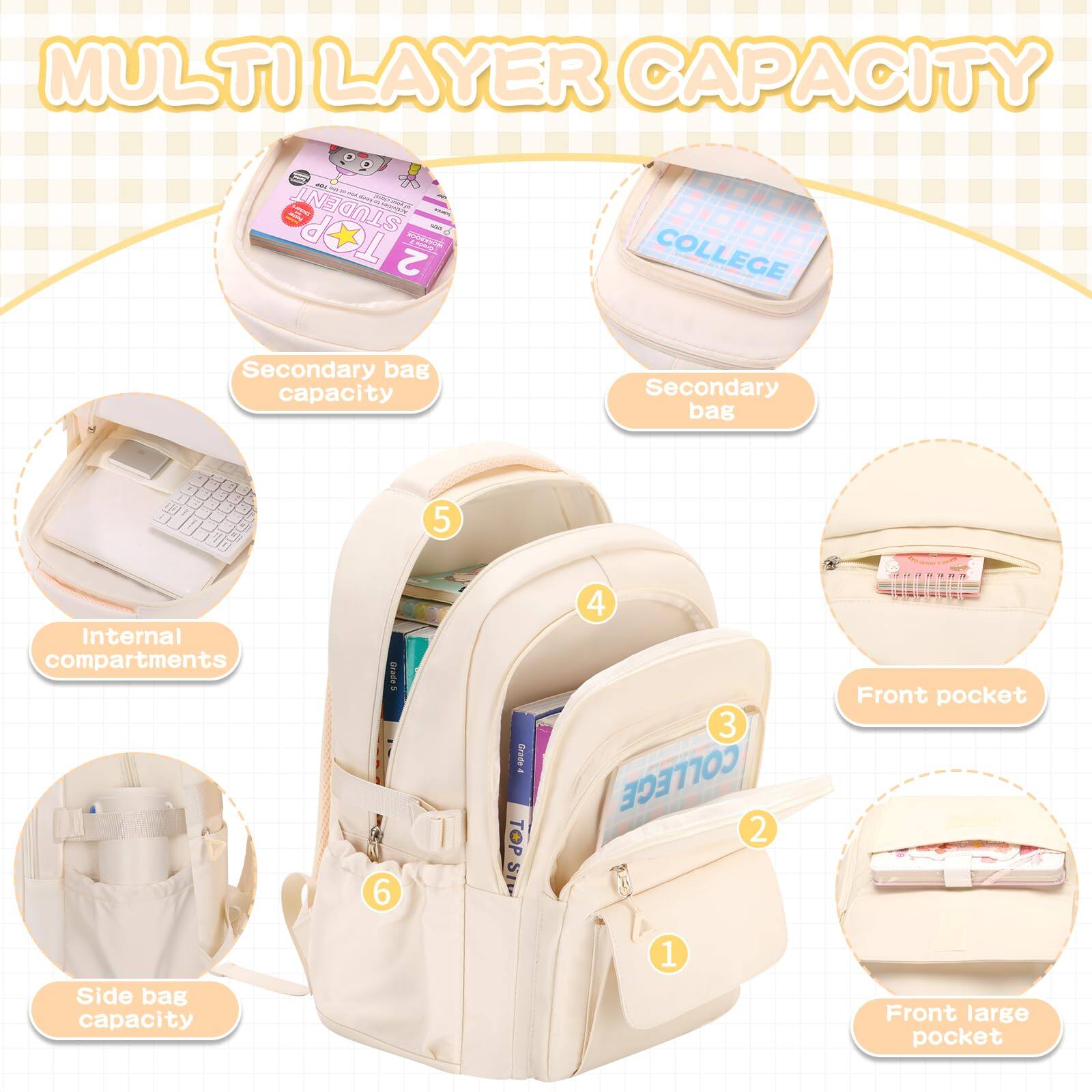 Live At Space Cute Backpack For School Teen Beige Bookbag Aesthetic ...