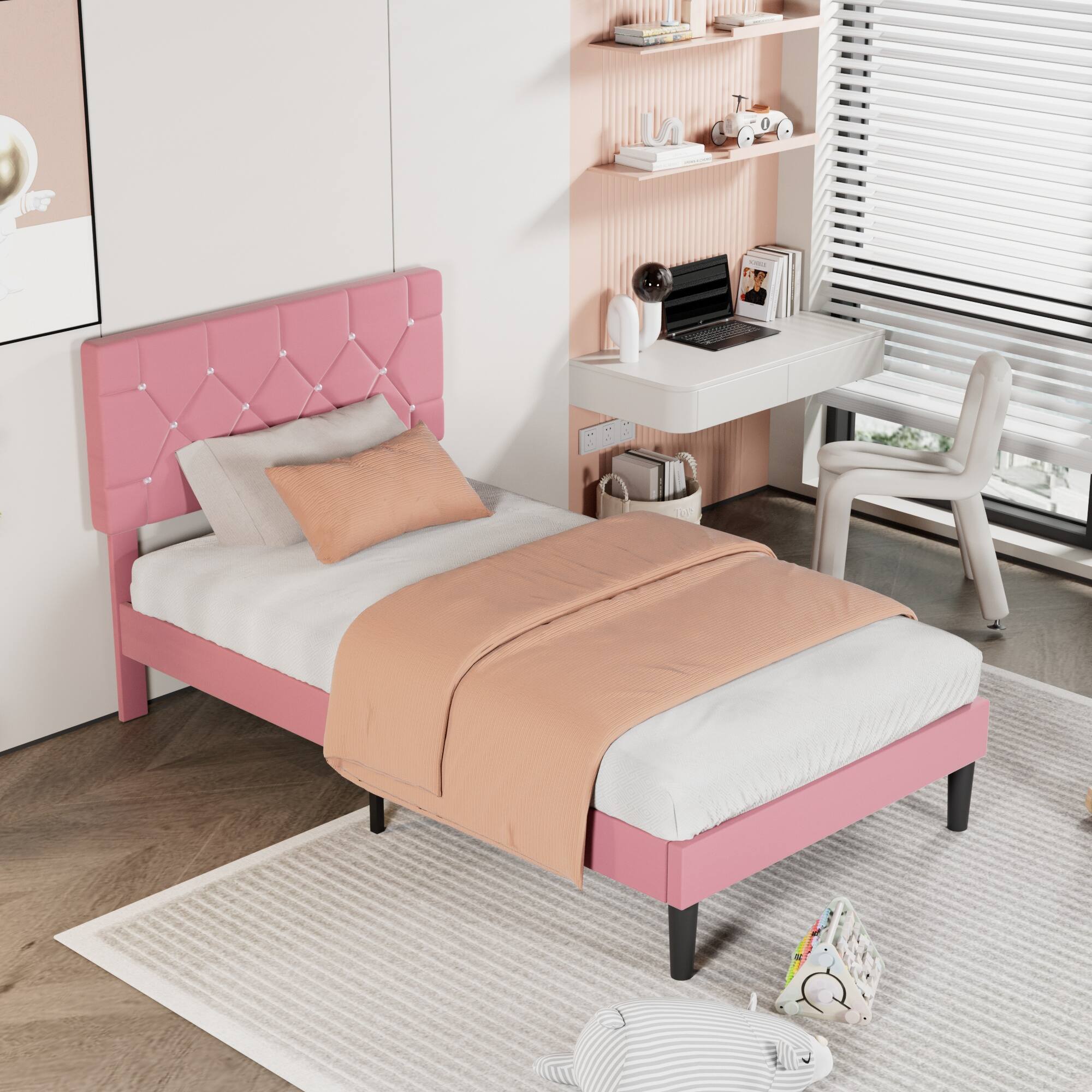 Vecelo Twin Bed Frame with Upholstered Headboard, Heavy Duty Wooden Bed ...