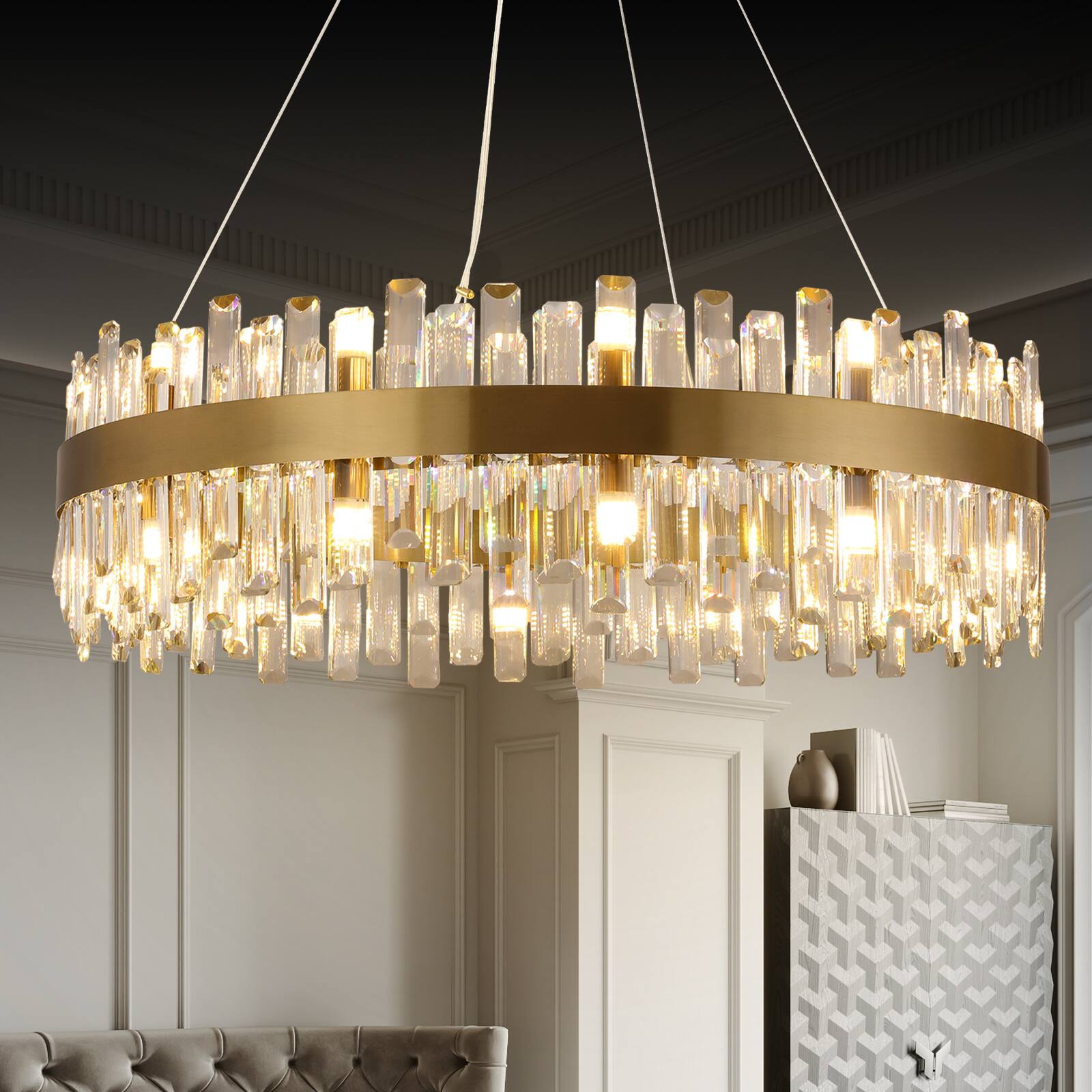 Tiramisubest Modern Gold Crystal Chandelier, 24 Light Round Brass Chandelier, 32 Inch Melighting ...