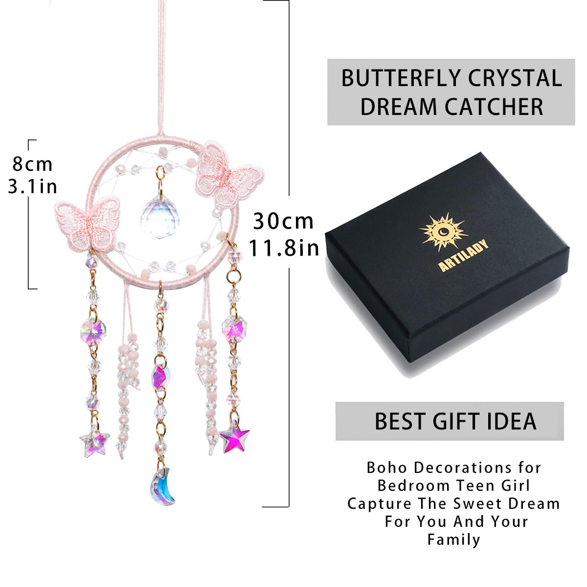 Fabibe Dream Catcher For Pink Butterfly Small Moon Catchers With Crystals Cute Room Decor Teen ...