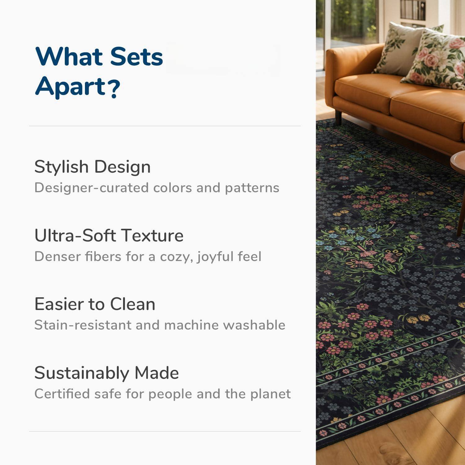 Fabibe 9X12 BLACK GREEN Farmhouse Machine Washable Wool LESSYMO AREA ...