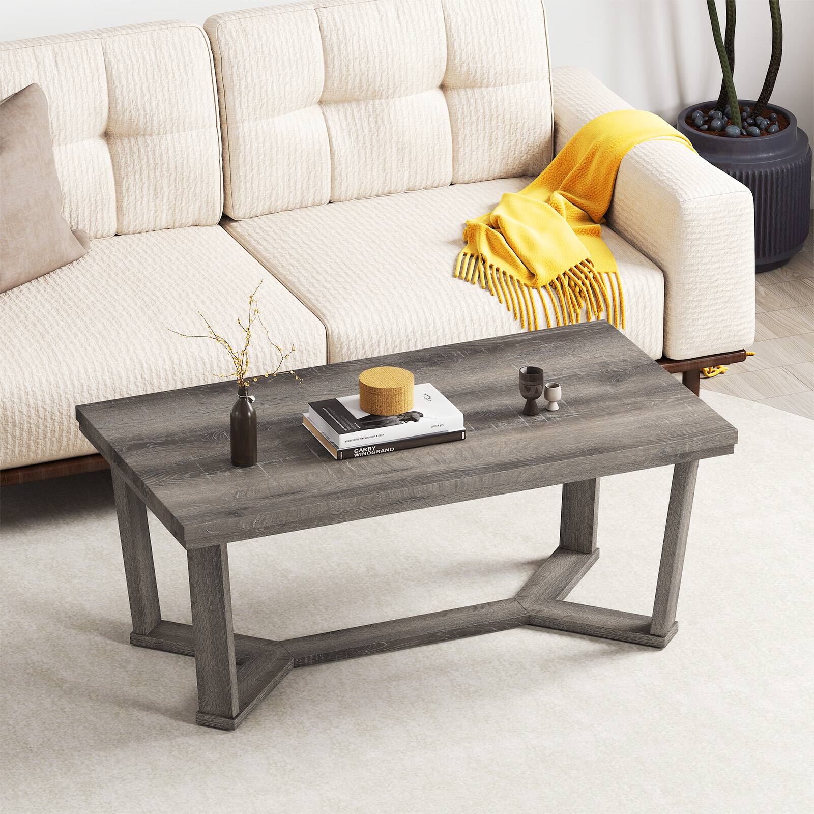 Gymax Coffee Table Solid Rubber Wood Center Table w/ Cross Shaped Base ...