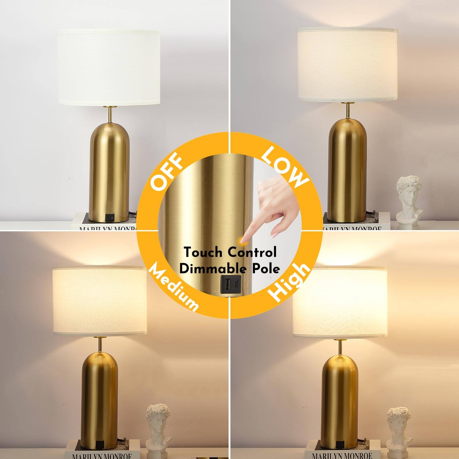 HM 1810 Gold Lamps Set Touch Control Way Dimmable Bedside Nightstand ...