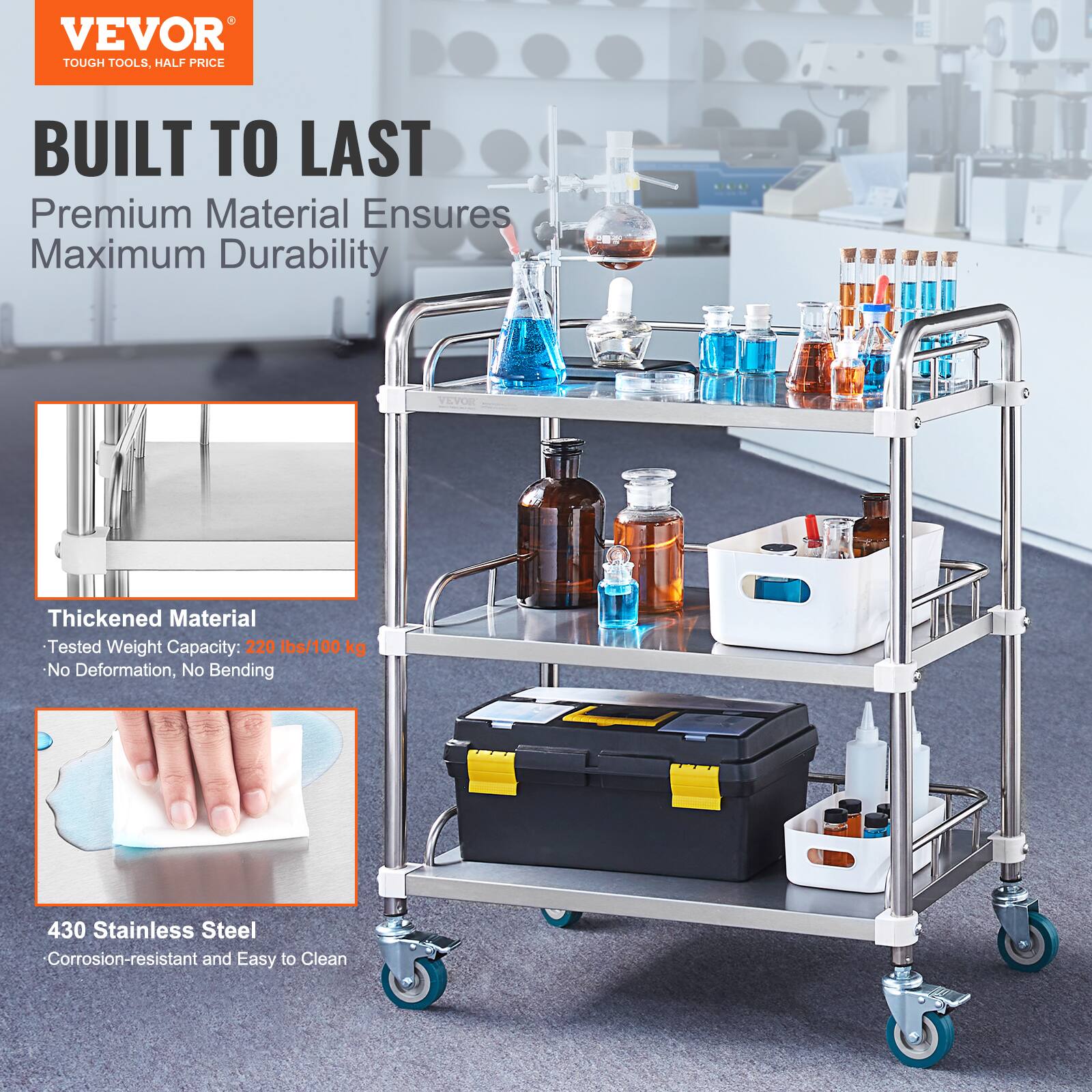 VEVOR Lab Rolling Cart, 3 Shelf Stainless Steel Rolling Cart, Lab ...