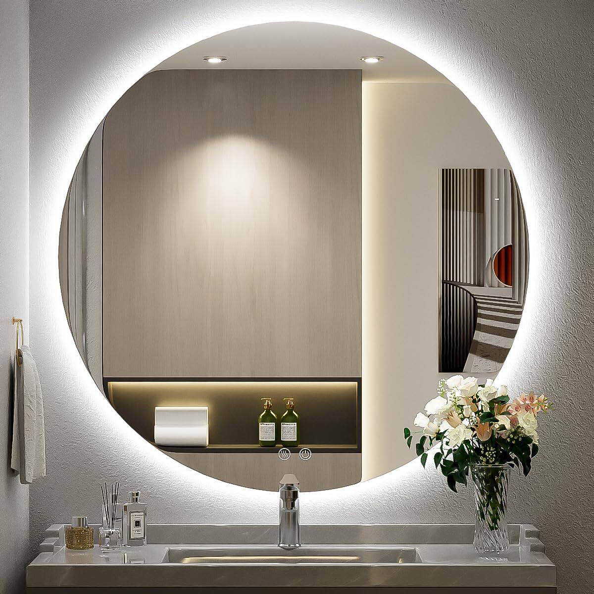 METALTON Led Backlit Round Mirror For Vanity Dimmable Lighted Bathroom ...