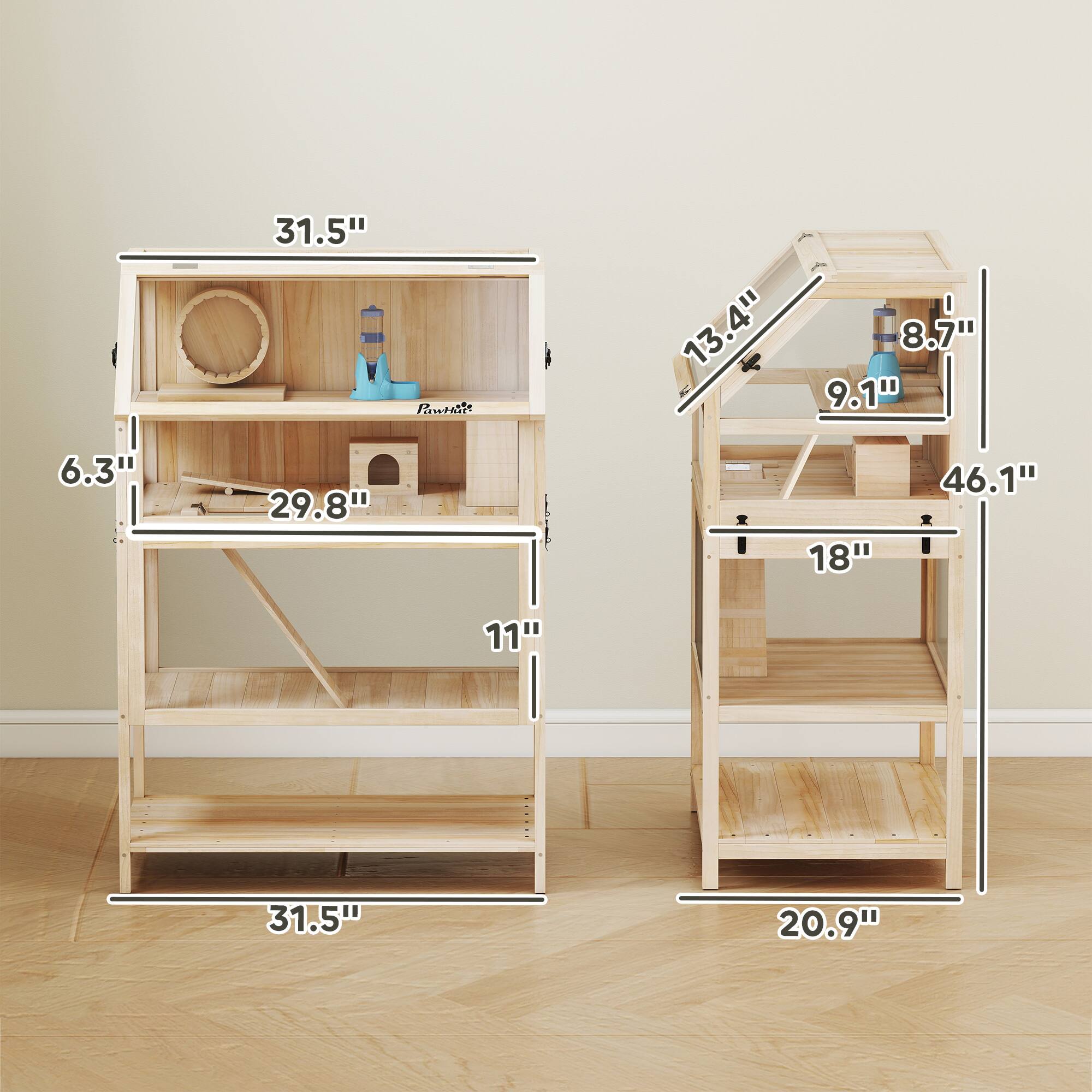 Pawhut Wooden Hamster Cage with Detachable Lower Floor, Storage Shelf ...