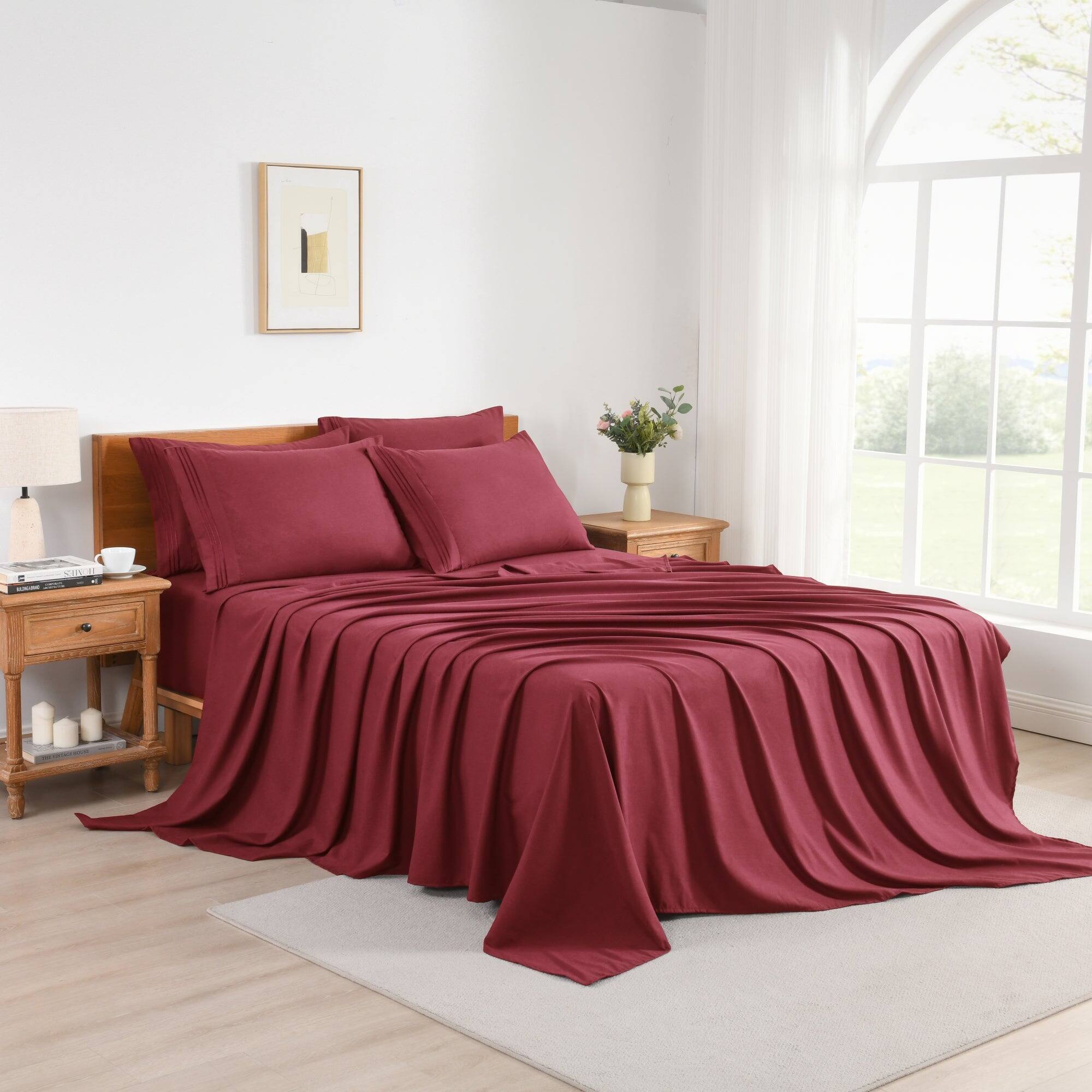 MarCielo 4/6 Pcs Soft Solid & Embroidery Bed Sheets Set Burgundy S4PCS ...