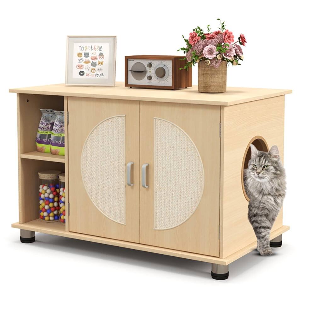 Pefilos Cat Litter Box Enclosure with Sisal Scratching Doors and ...