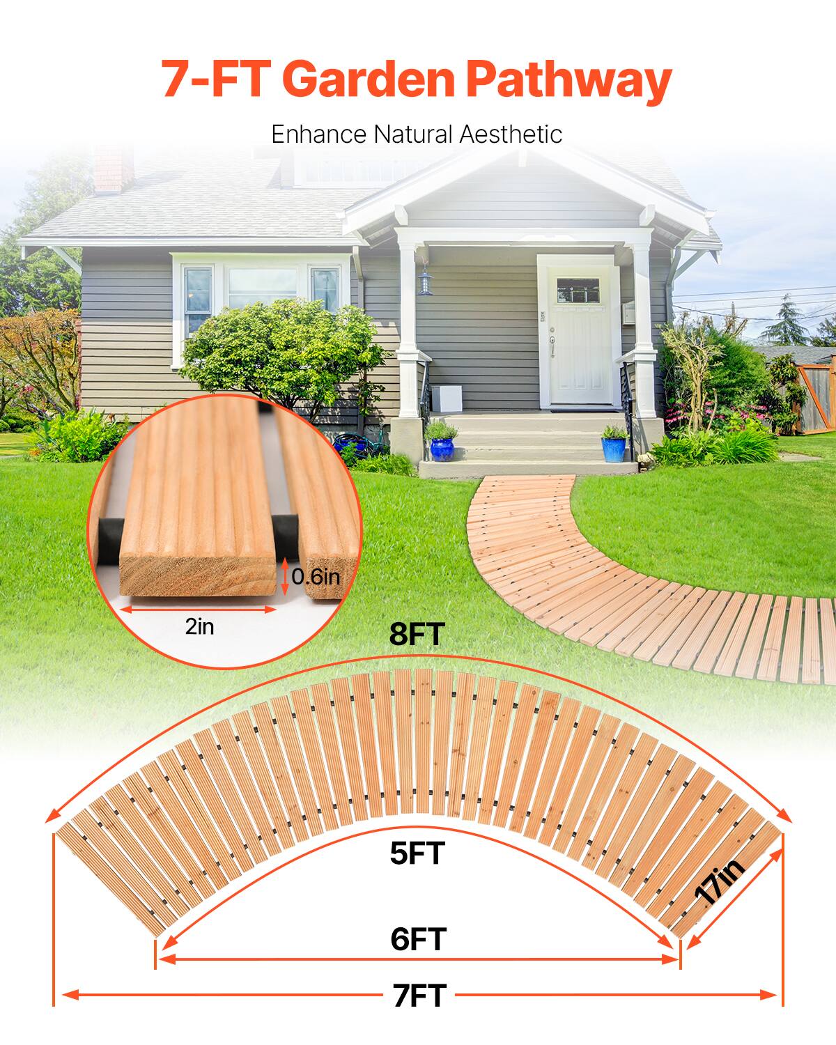 VEVOR Wooden Garden Pathway, 7 ft x 17 in, Non Slip Curved Garden ...