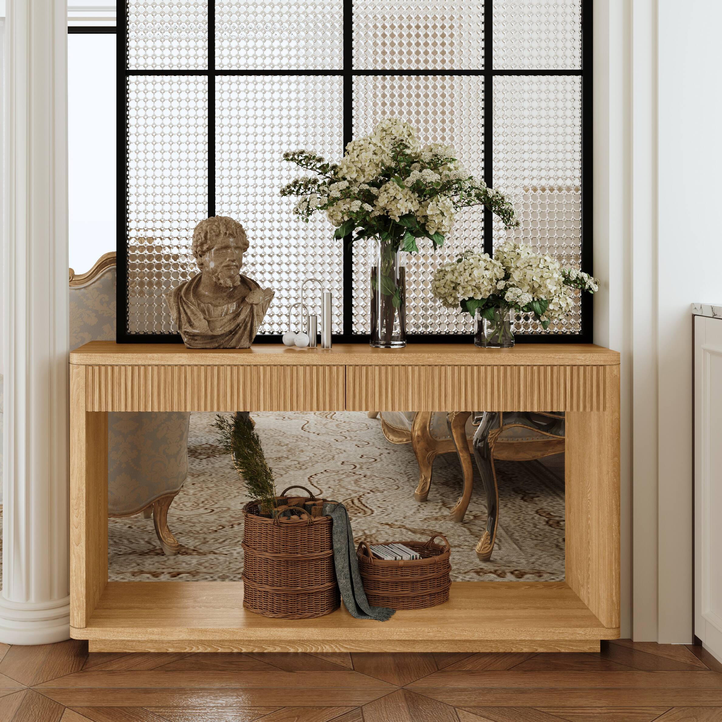 TinyHomie 60in Modern 2 Drawer Fluted Console Table Veneer Sofa Table ...