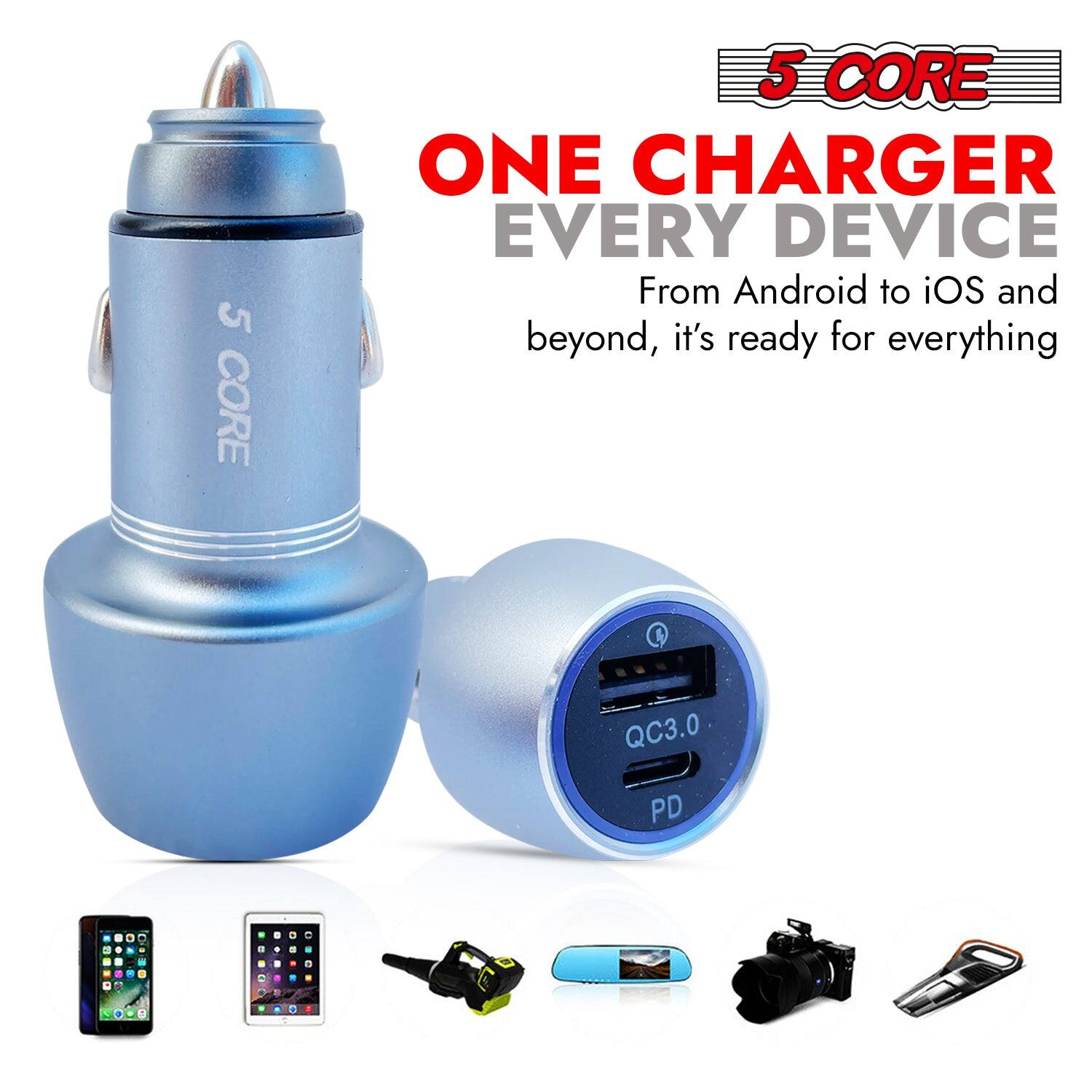 5 CORE USB Car Charger Cigarette Lighter Adapter 1 USB 1 Type C Port QC ...