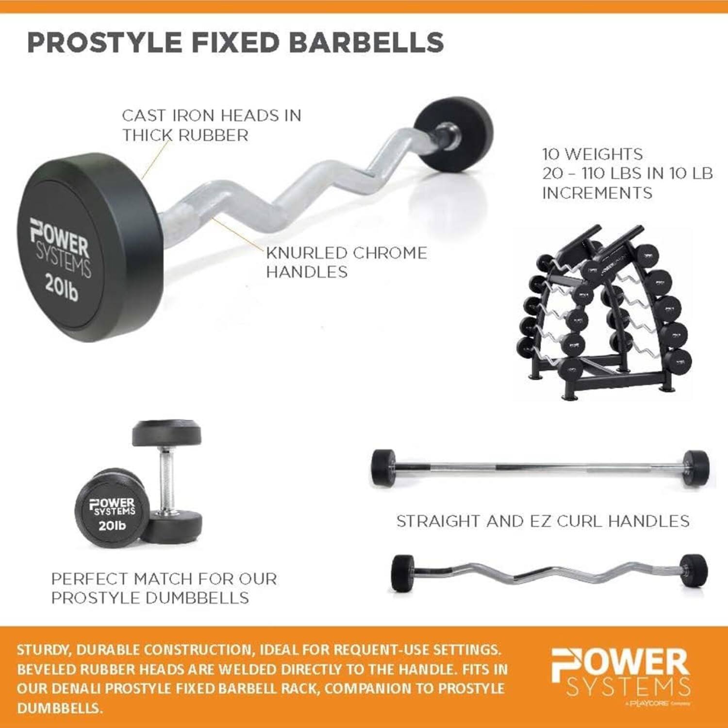 Power Systems Pro Style Rubber Fixed Straight Barbell 50lbs Weighted ...