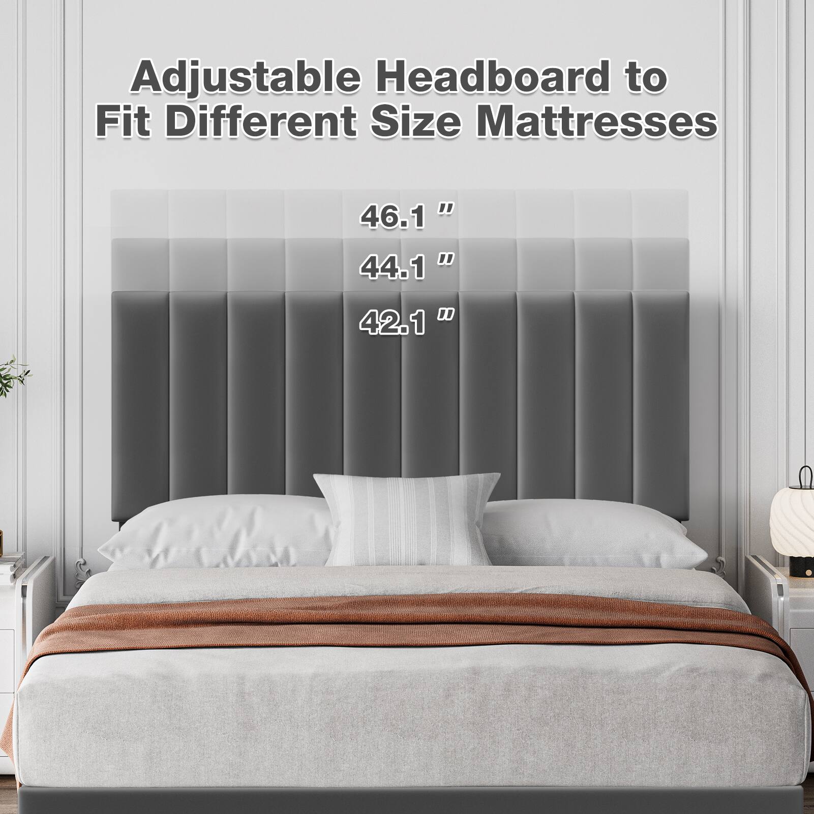 Jojoka Queen Size Bed Frame with Adjustable High Velvet Headboard, Wood ...