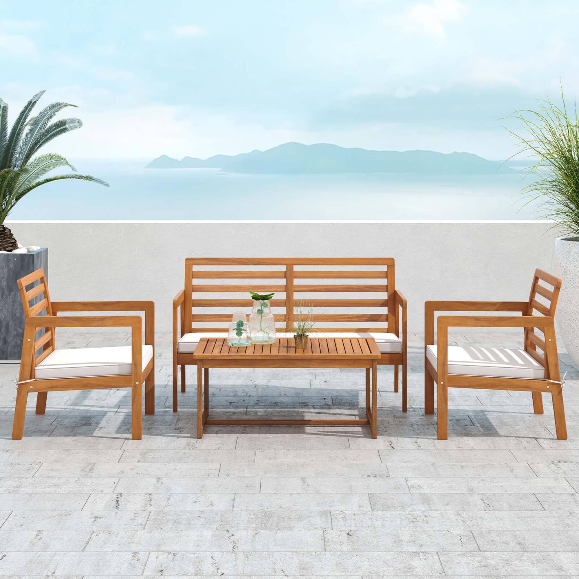 Costway 4 PCS Wood Patio Furniture Set with Soft Seat Cushions Solid ...