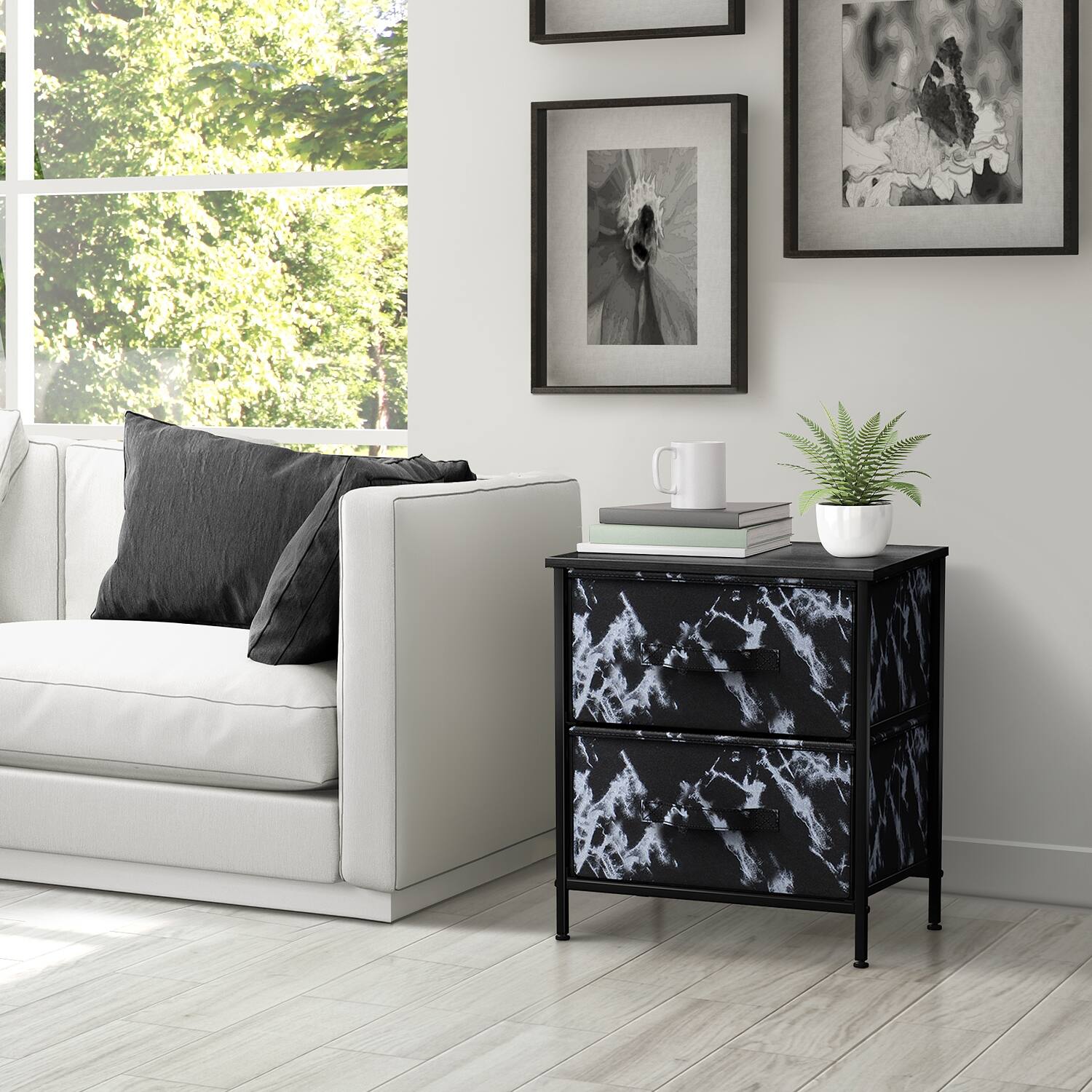 Sorbus Nightstand with 2 Drawers Steel Frame, Wood Top &Fabric Bins ...