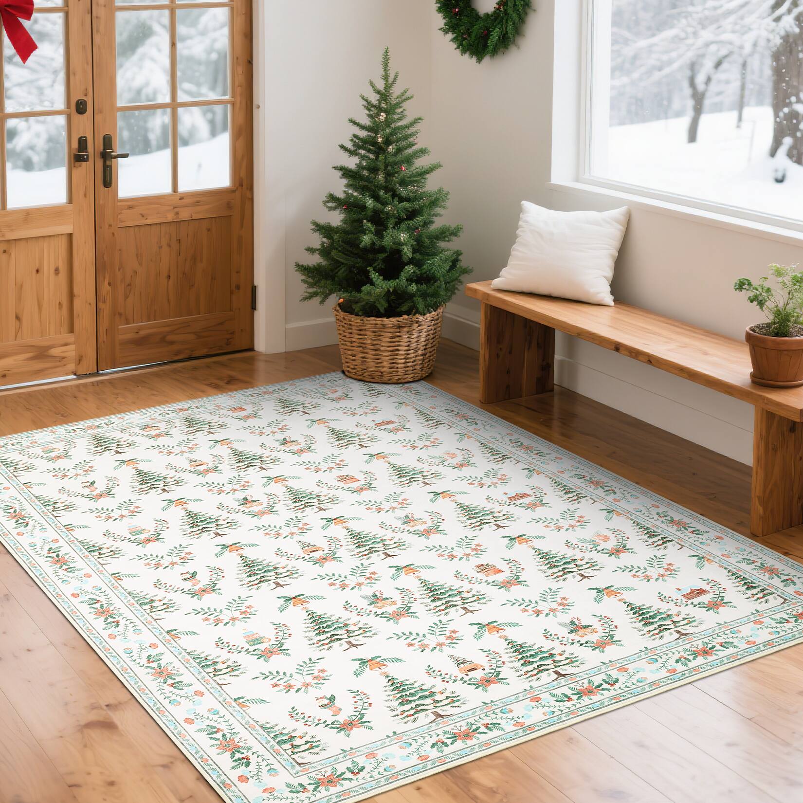 Jojoka 9x12 ft Christmas Runner Rug, Red Polyester, Christmas Tree ...