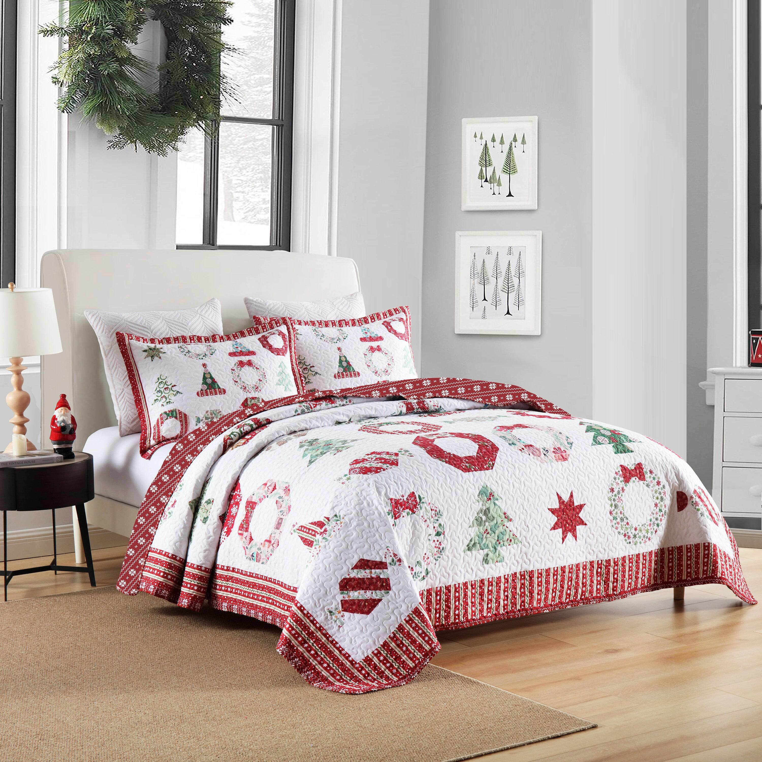 MarCielo 3 Pieces Winter Candy Queen Size Christmas Quilt Bedspread Set ...