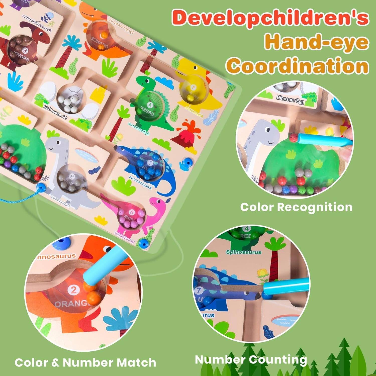 Auledio Magnetic Dinosaur Number Maze Montessori Toy for Kids, Wooden ...