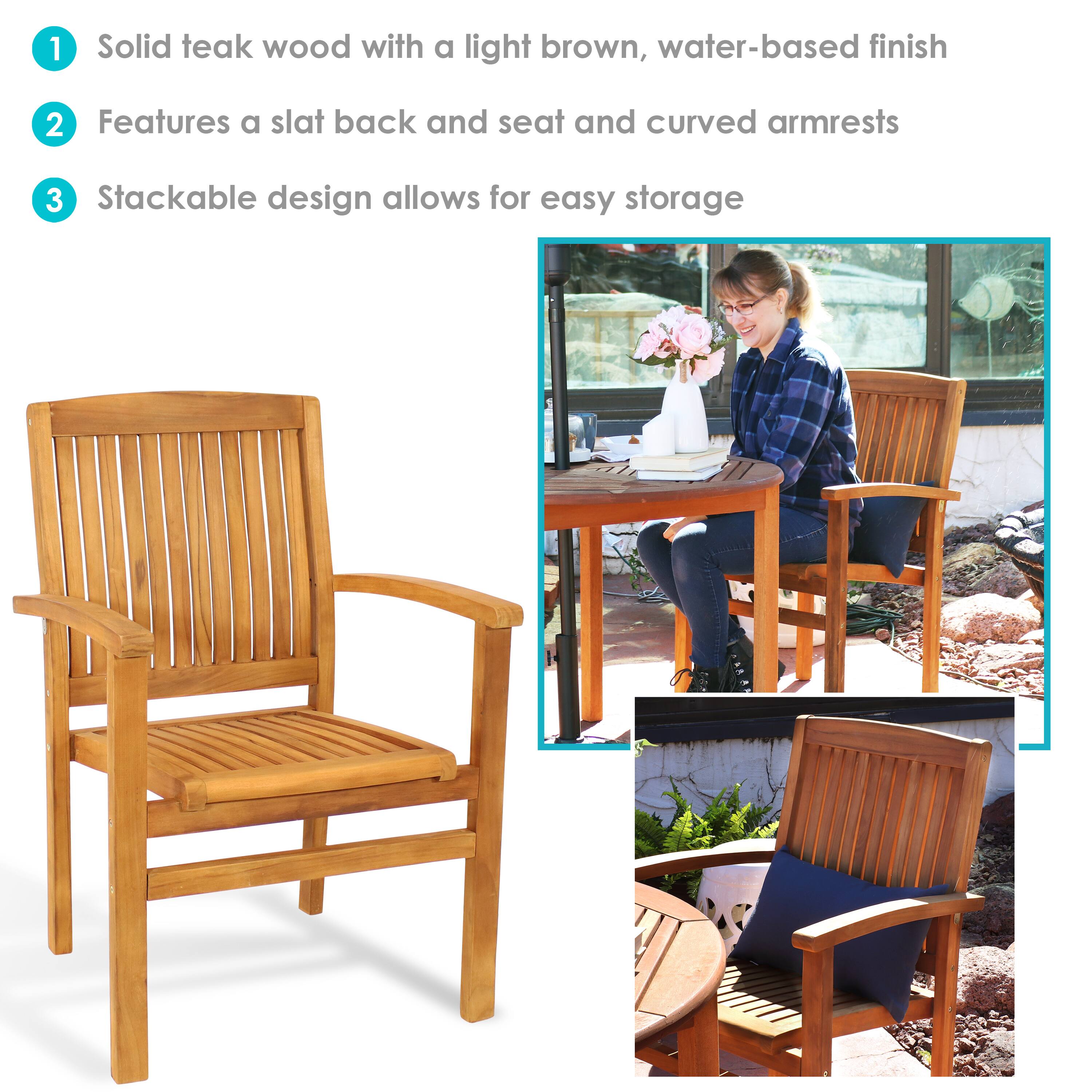 Sunnydaze Solid Teak Wood Stackable Outdoor Dining Armchair Light Brown ...