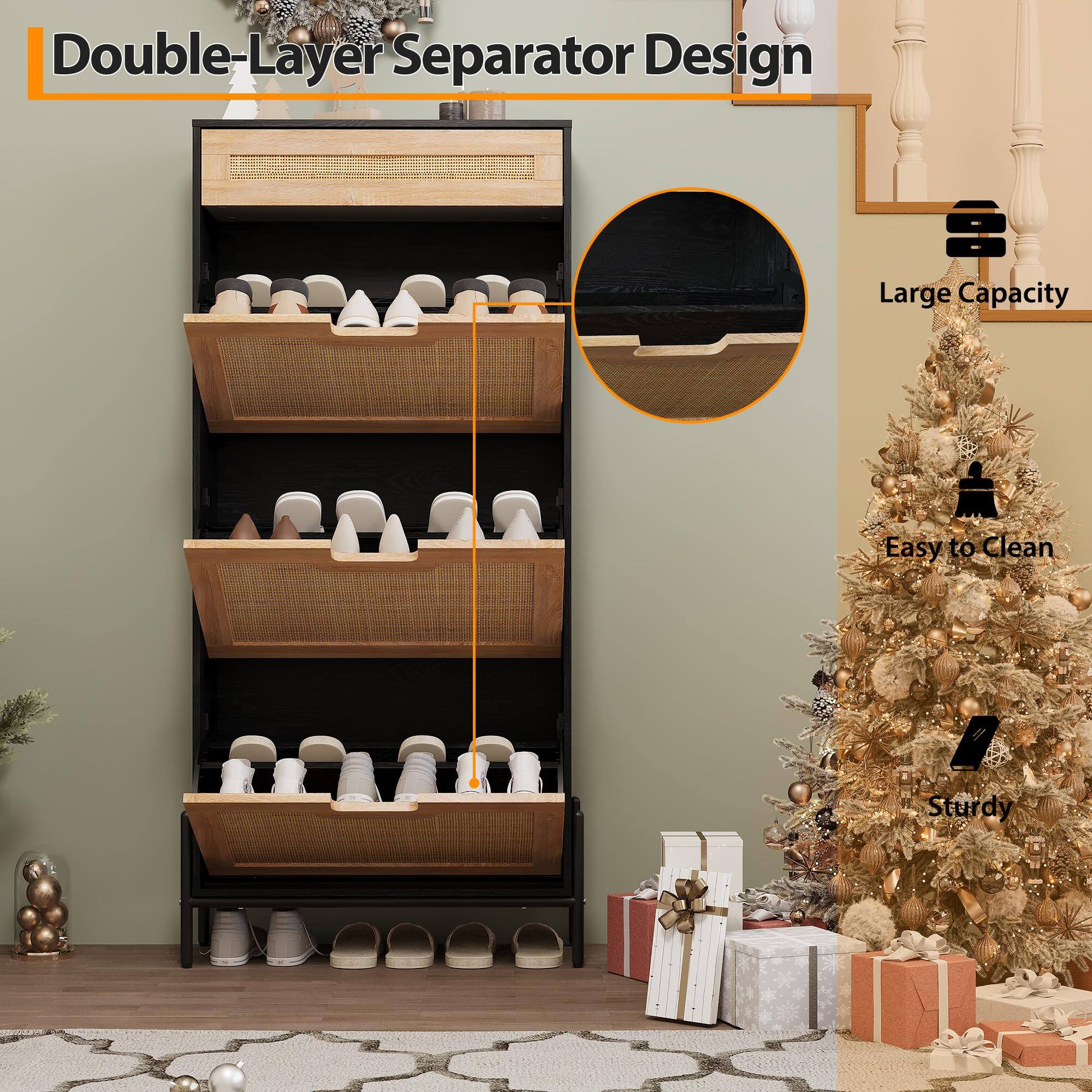 Jojoka Rattan Shoe Cabinet for Entryway, 3 Tier Slim Shoe Rack with ...